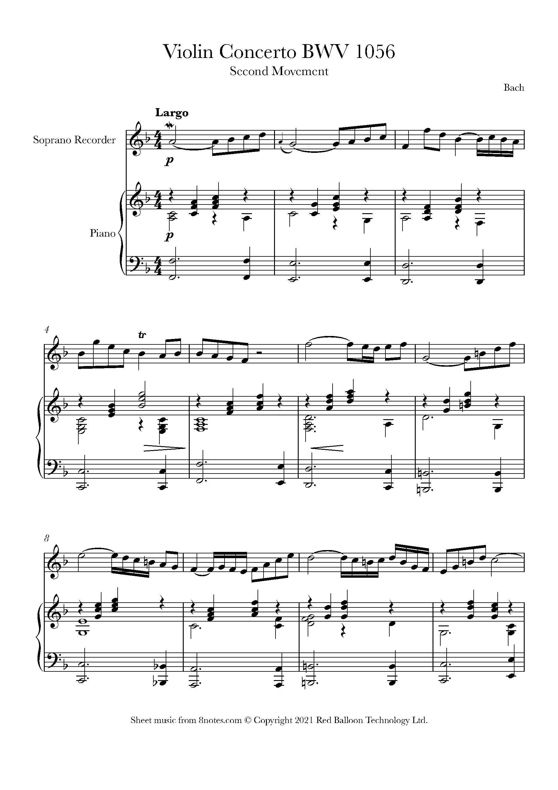 Bach - Violin Concerto 2nd Mvt Sheet music for Recorder - 8notes.com