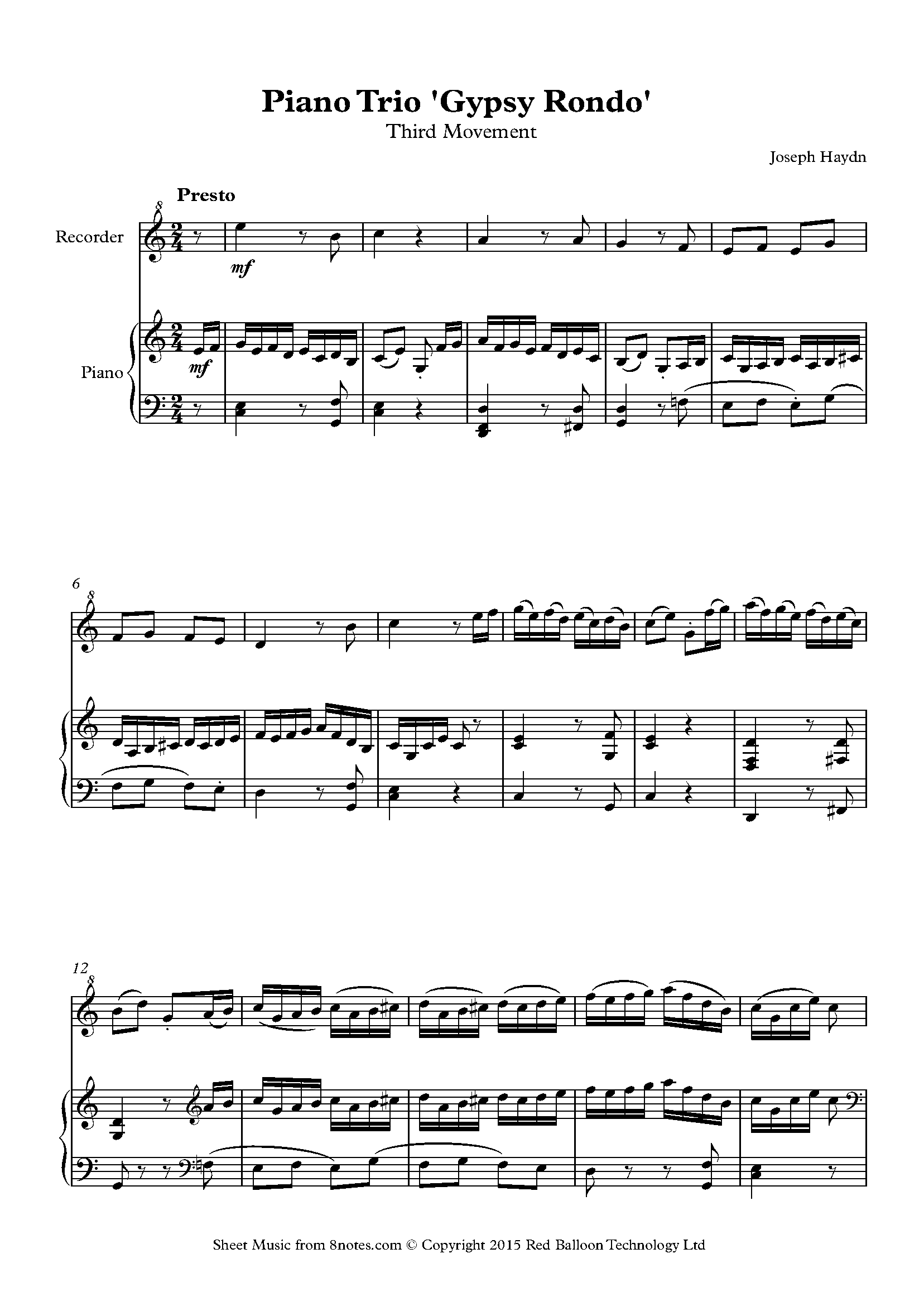 Haydn - Piano Trio 'Gypsy Rondo' 3rd mvt Sheet music for Recorder ...