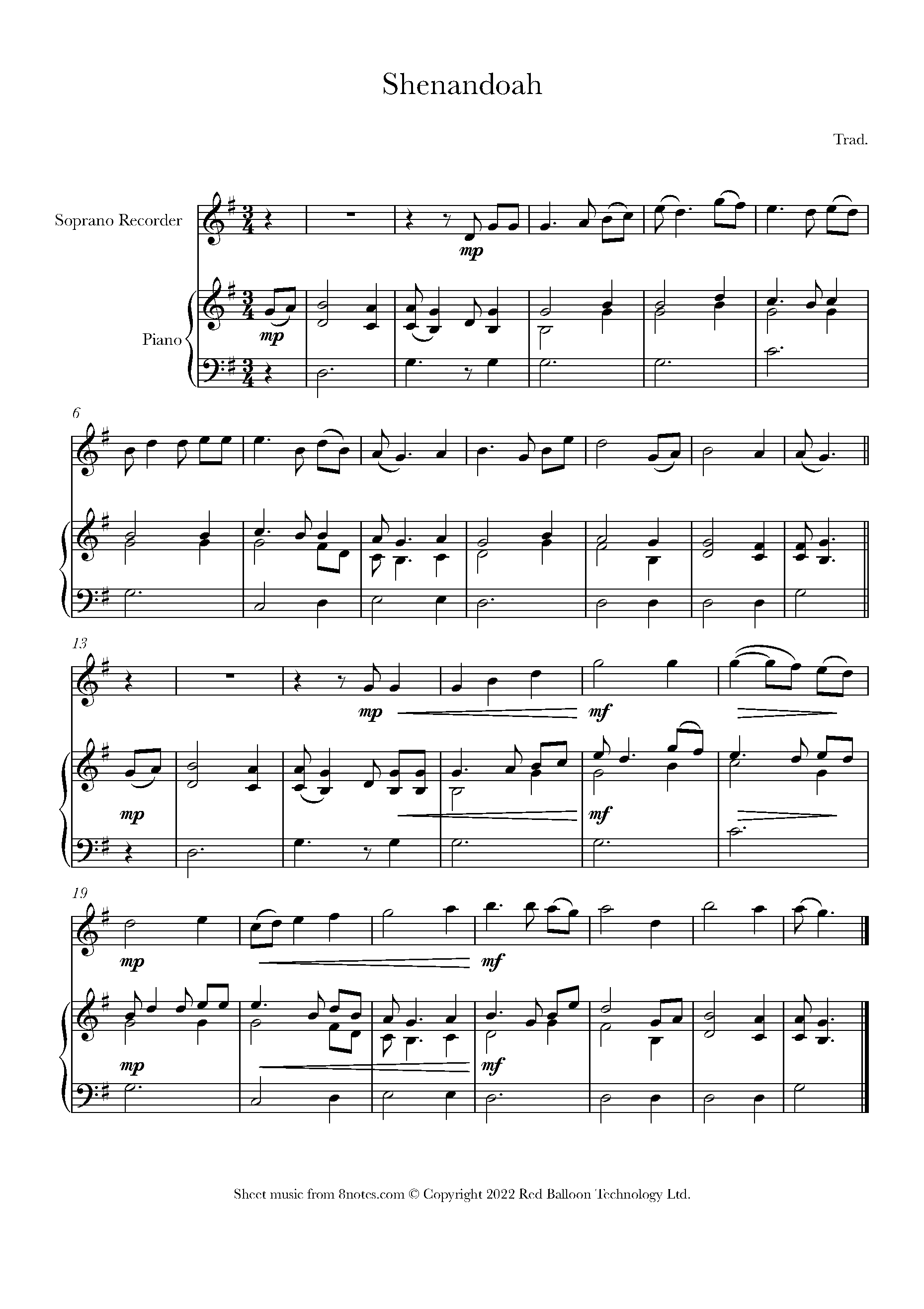 Shenandoah Sheet music for Recorder - 8notes.com