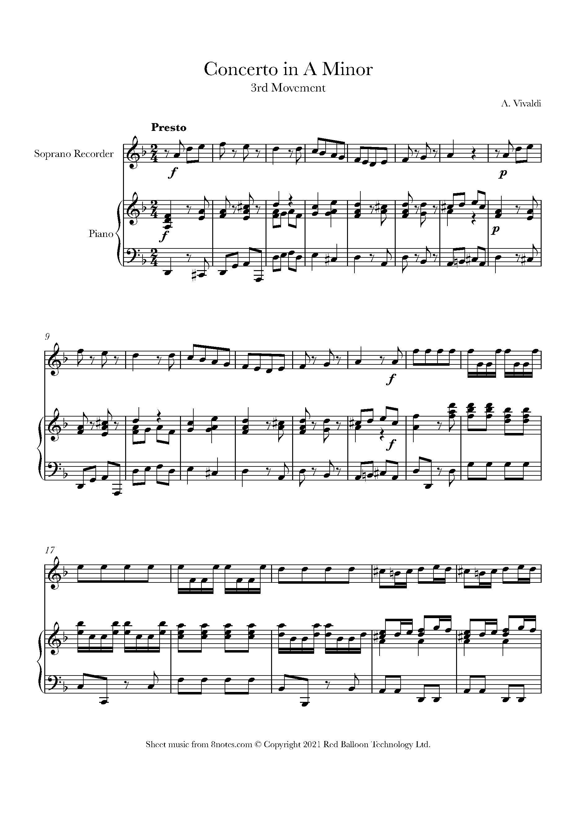 Vivaldi - Concerto in A Minor 3rd mvt Sheet music for Recorder - 8notes.com
