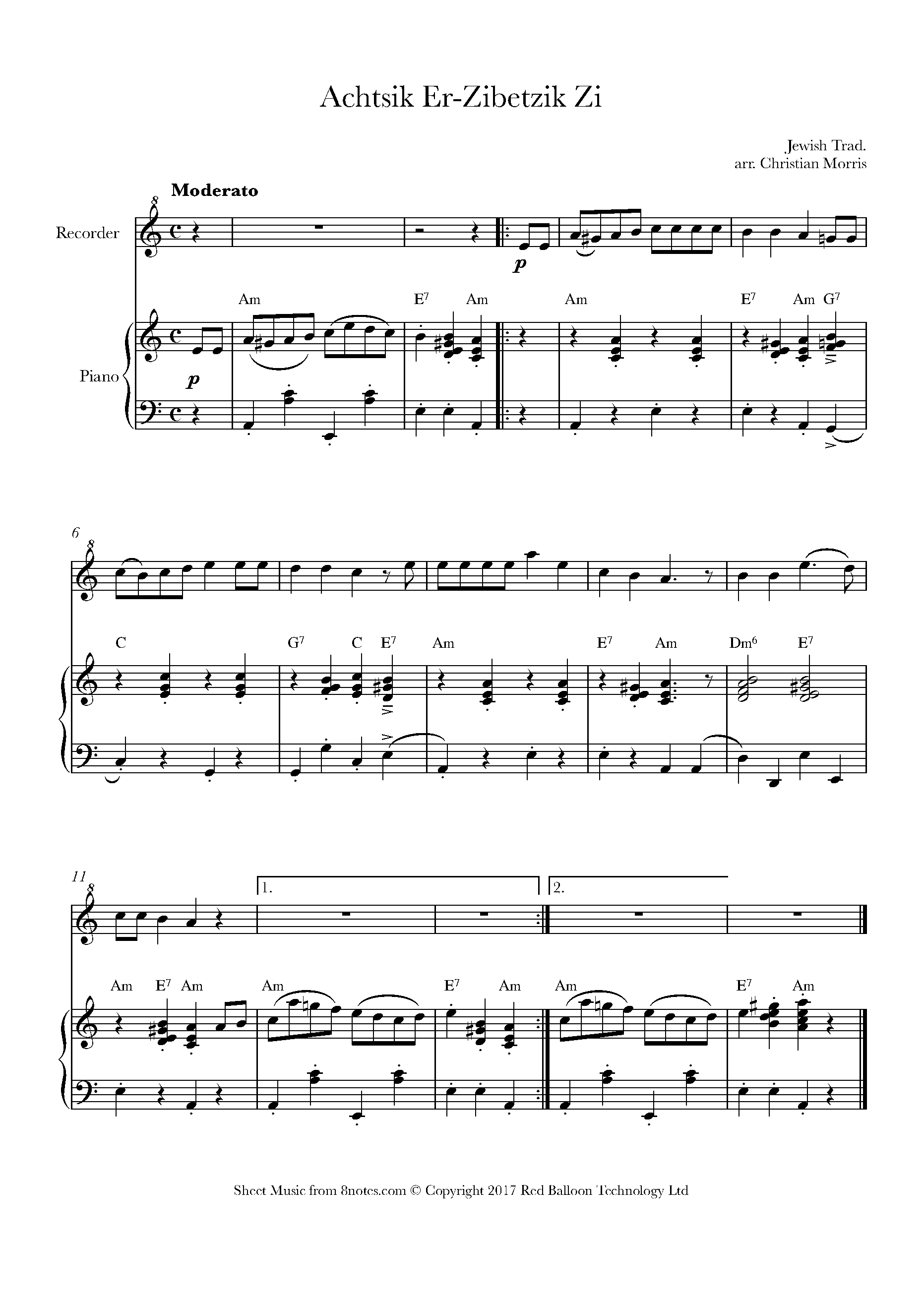 Achtsik Er-Zibetzik Zi (Jewish Trad.) Sheet music for Recorder - 8notes.com