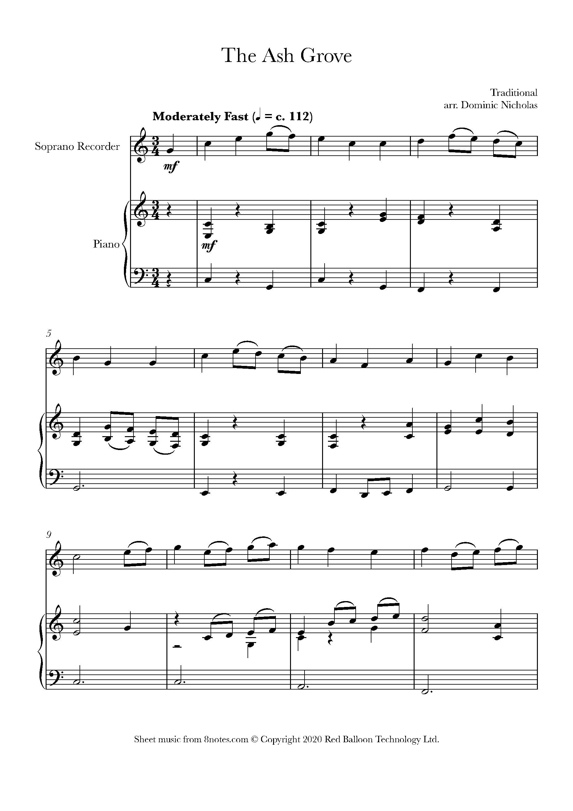 The Ash Grove (Llywn Onn) (Traditional Welsh) Sheet music for Recorder ...