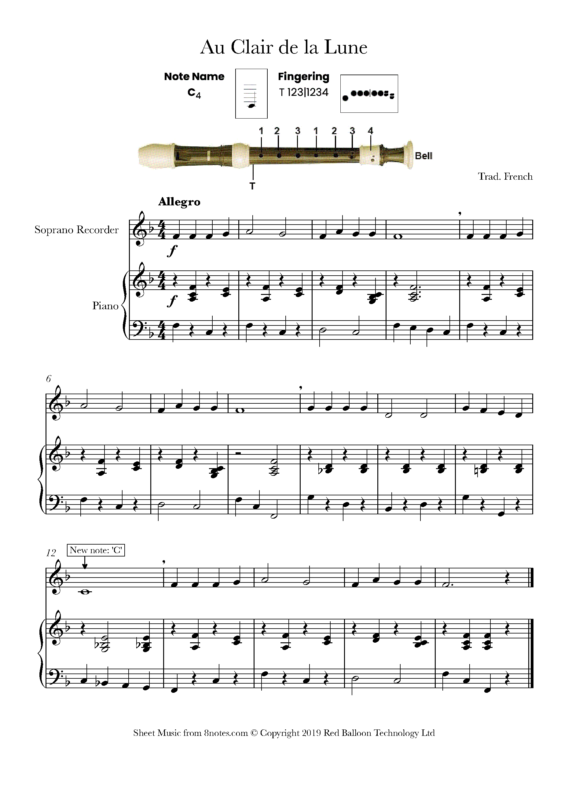 Au claire de la lune Sheet music for Recorder - 8notes.com
