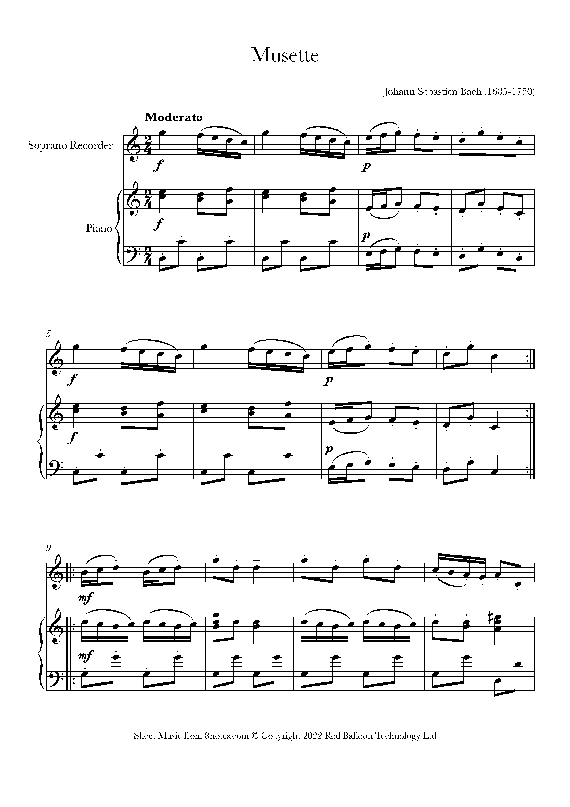Bach - Musette Sheet music for Recorder - 8notes.com
