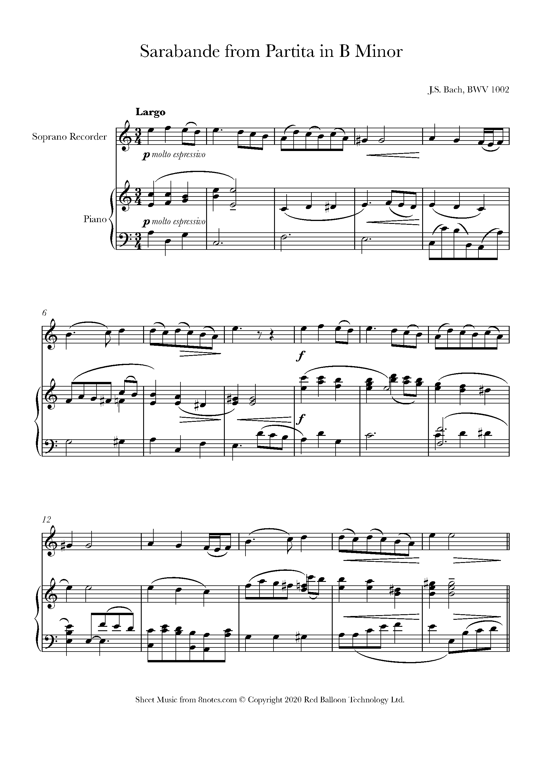 Bach - Partita No.1 in B minor, BWV 1002 Sheet music for Recorder ...