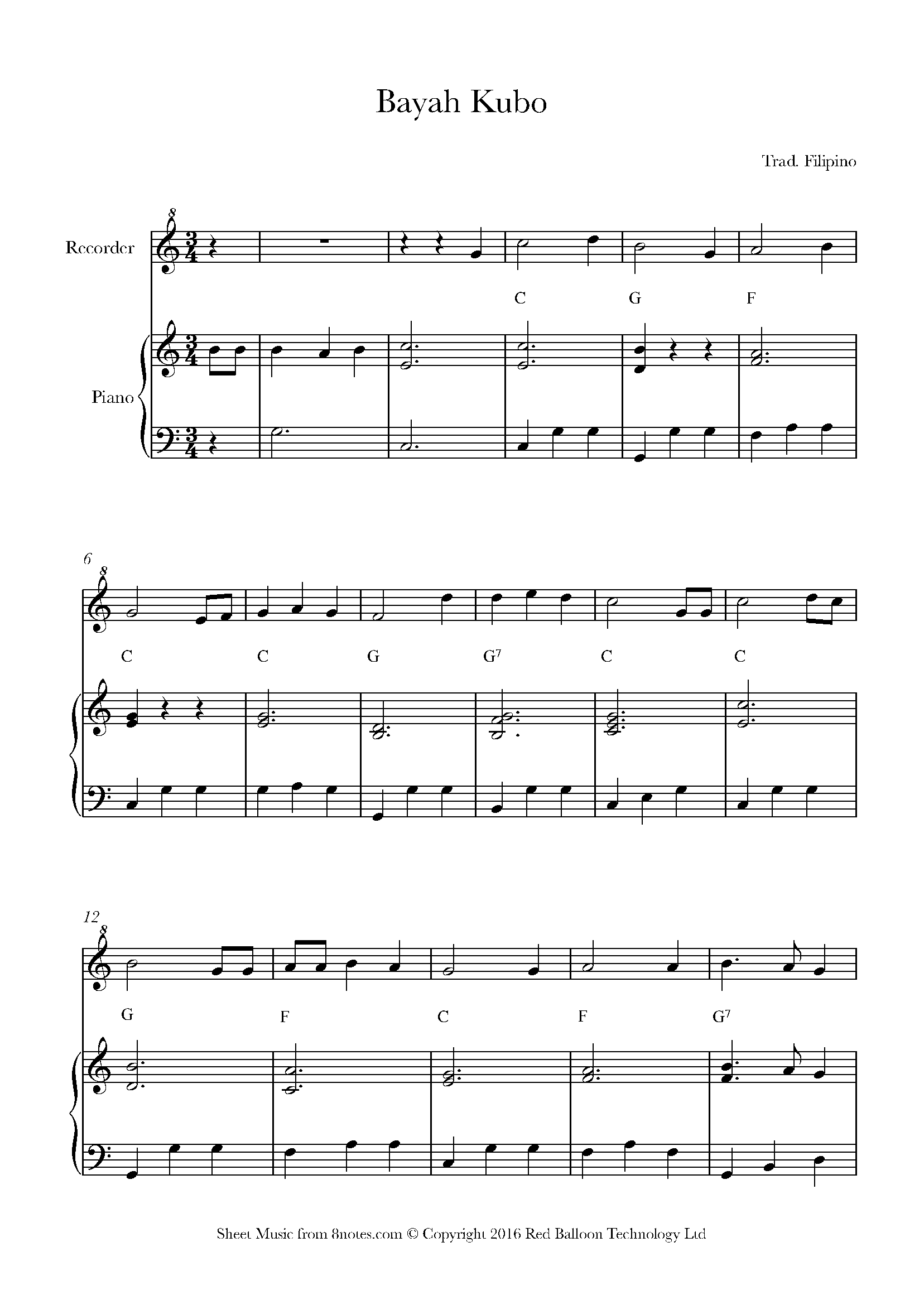 Bahay Kubo (Nipa Hut) Sheet music for Recorder - 8notes.com