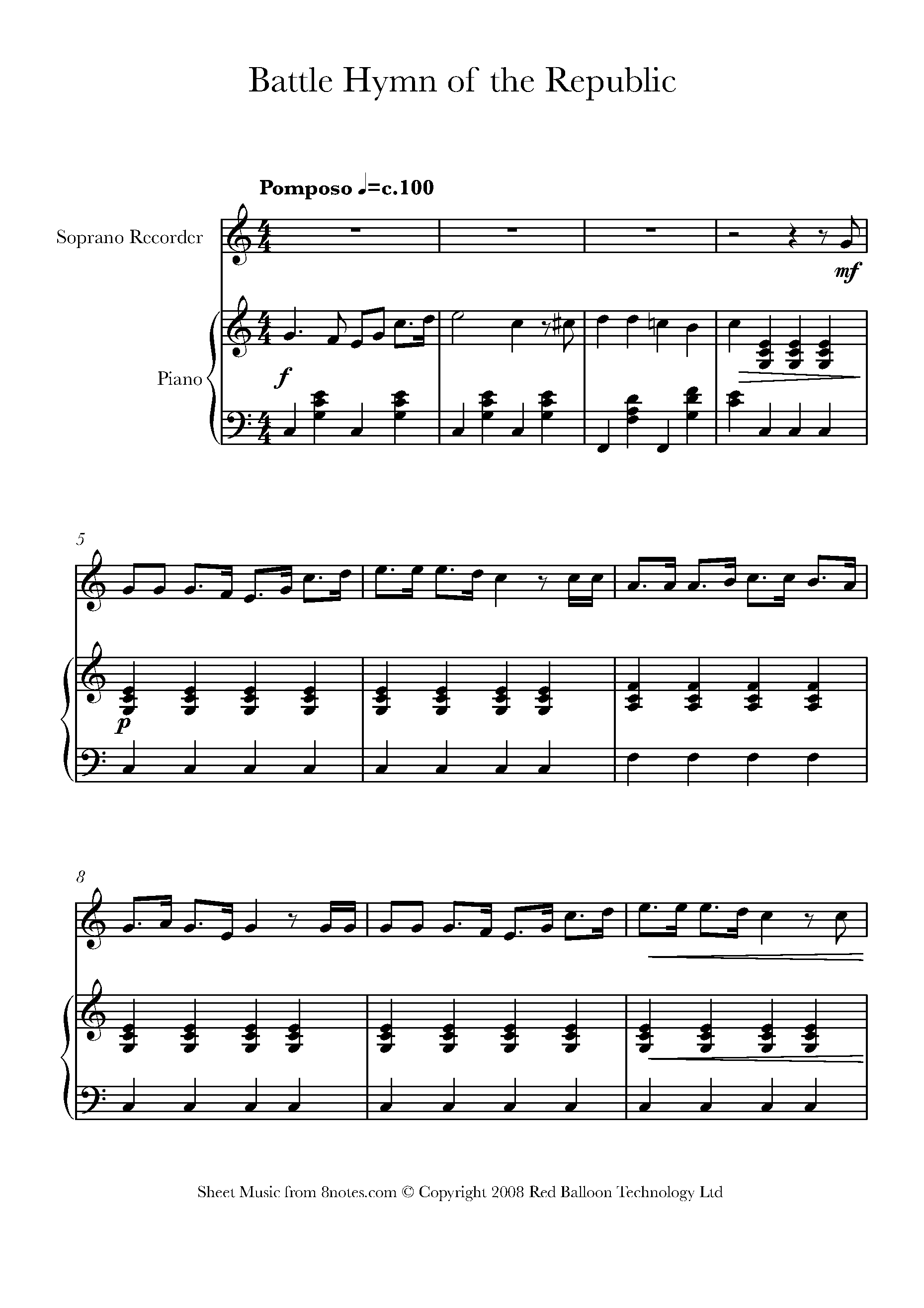Howe - Battle Hymn of the Republic Sheet music for Recorder - 8notes.com