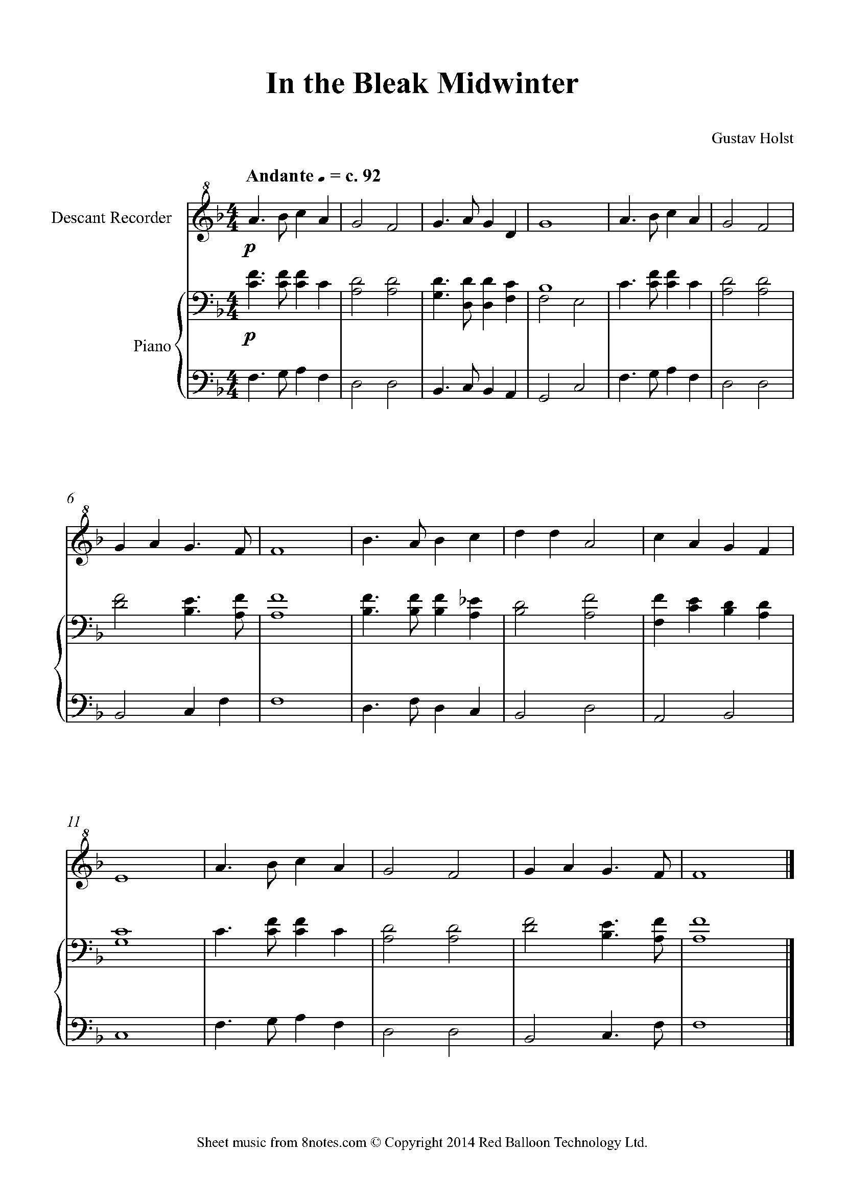 Holst - In the Bleak Midwinter Sheet music for Recorder - 8notes.com