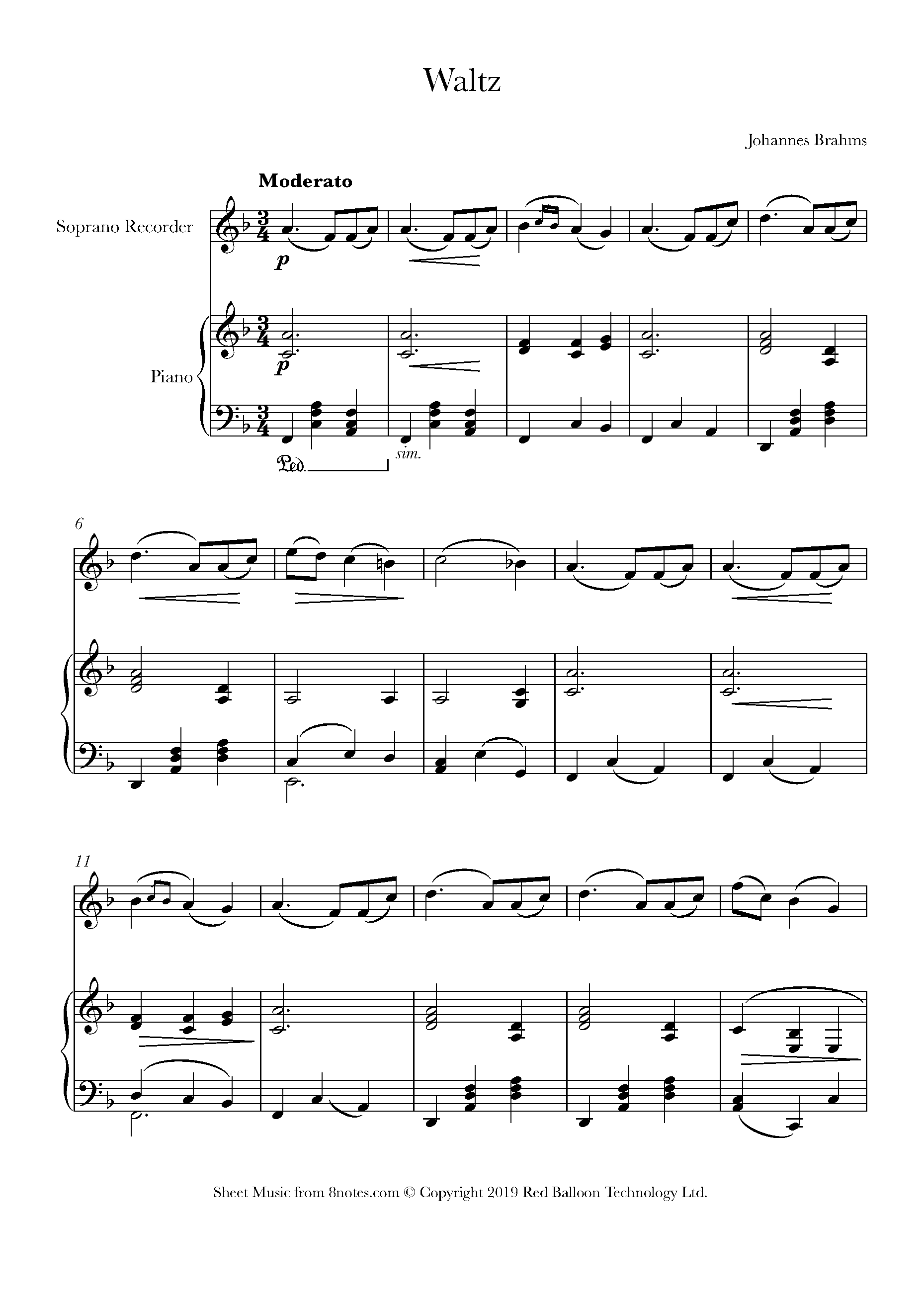 Brahms - Waltz Sheet music for Recorder - 8notes.com