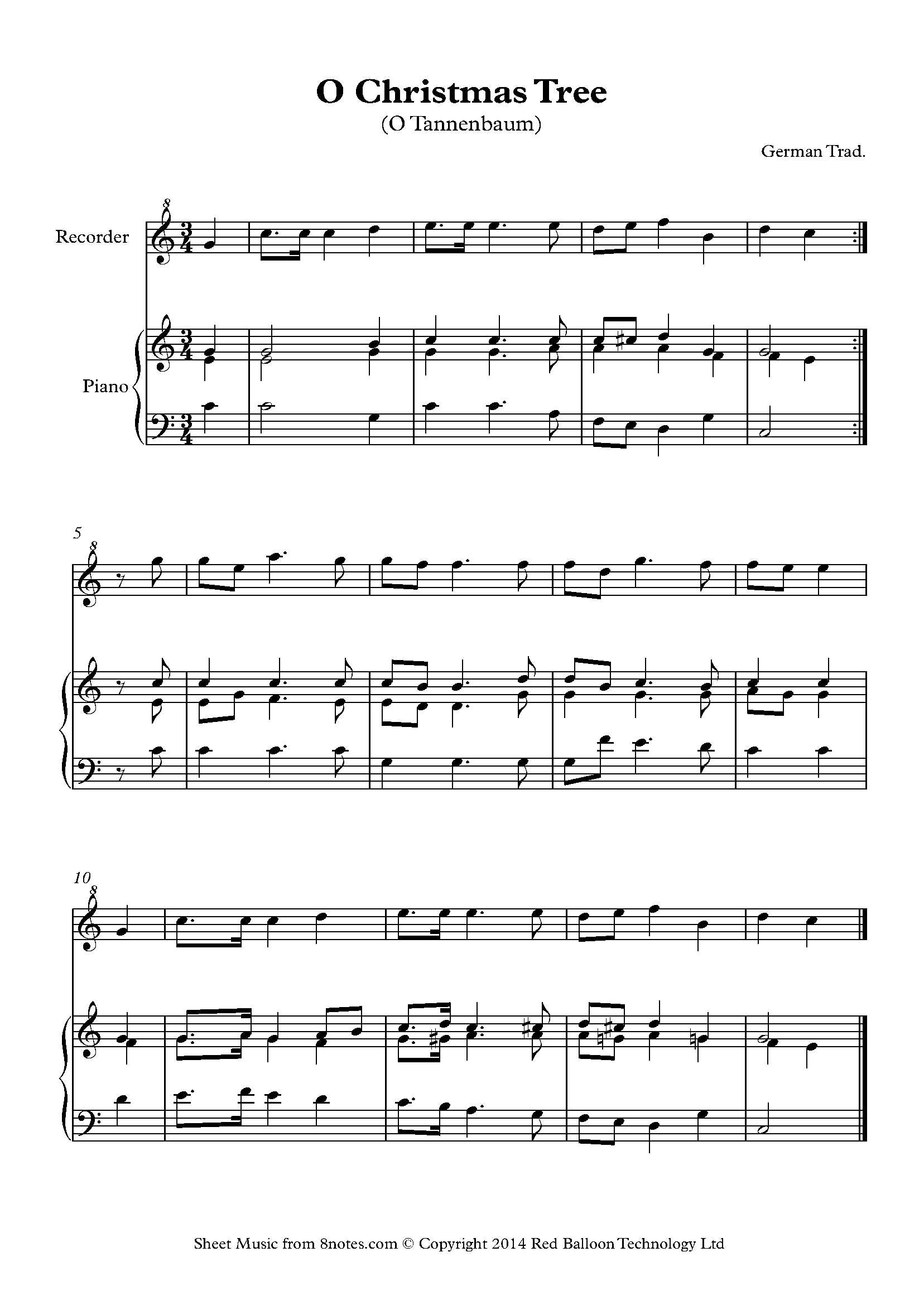 O Christmas Tree (O Tannenbaum) Sheet music for Recorder - 8notes.com