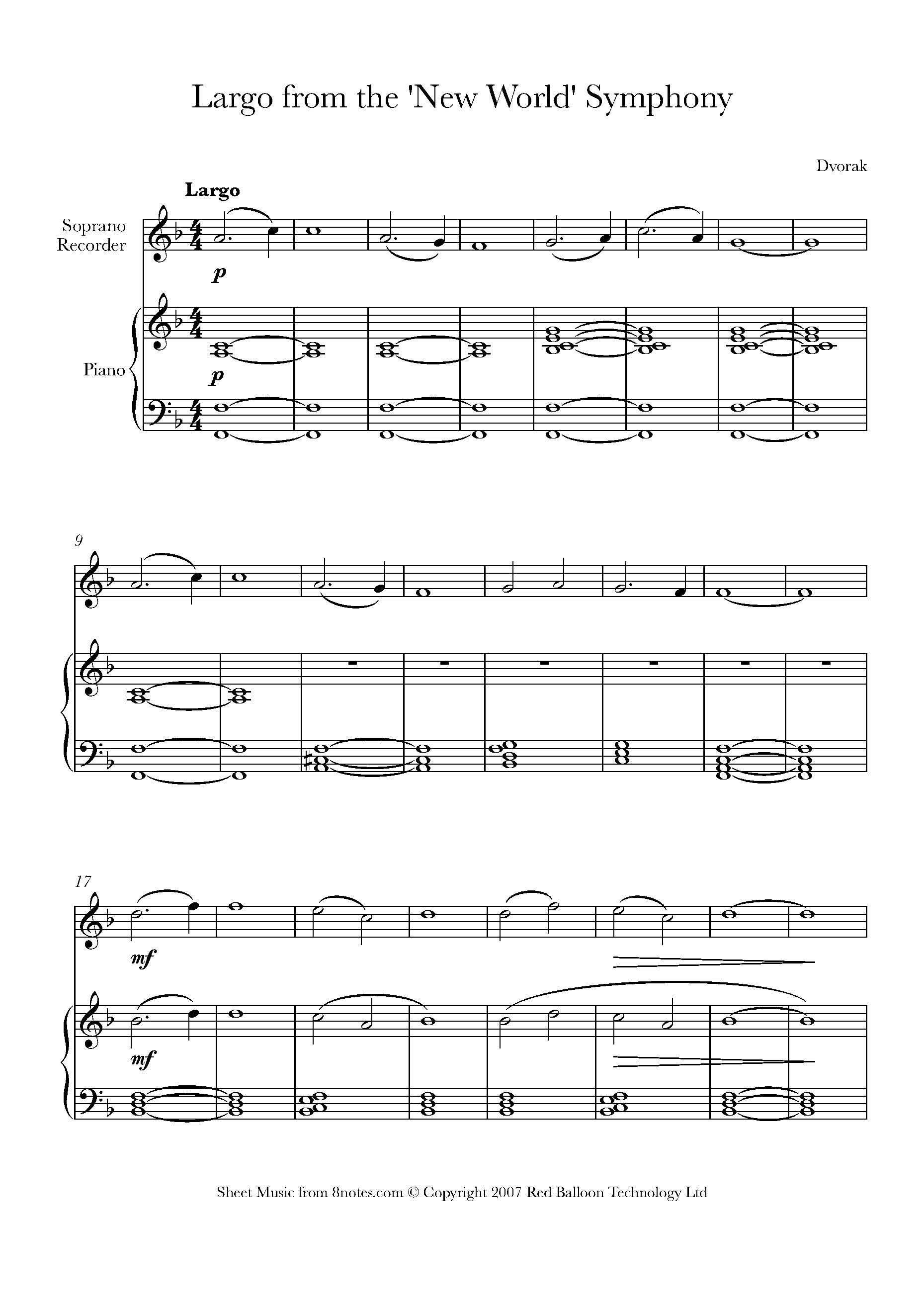 ﻿Dvořák - Largo from the New World Symphony Sheet music for Recorder ...