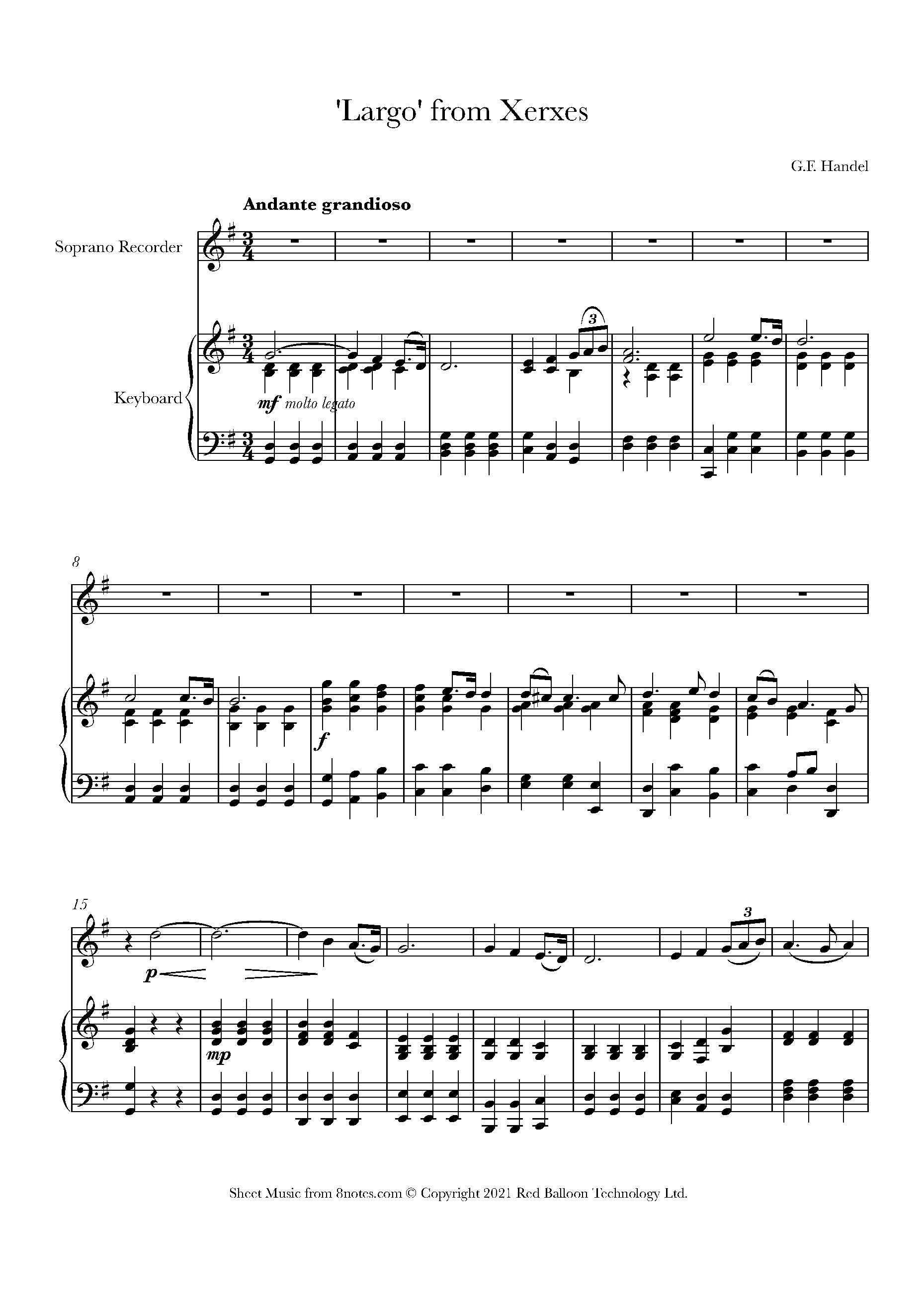 Handel - Largo from Xerxes Sheet music for Recorder - 8notes.com