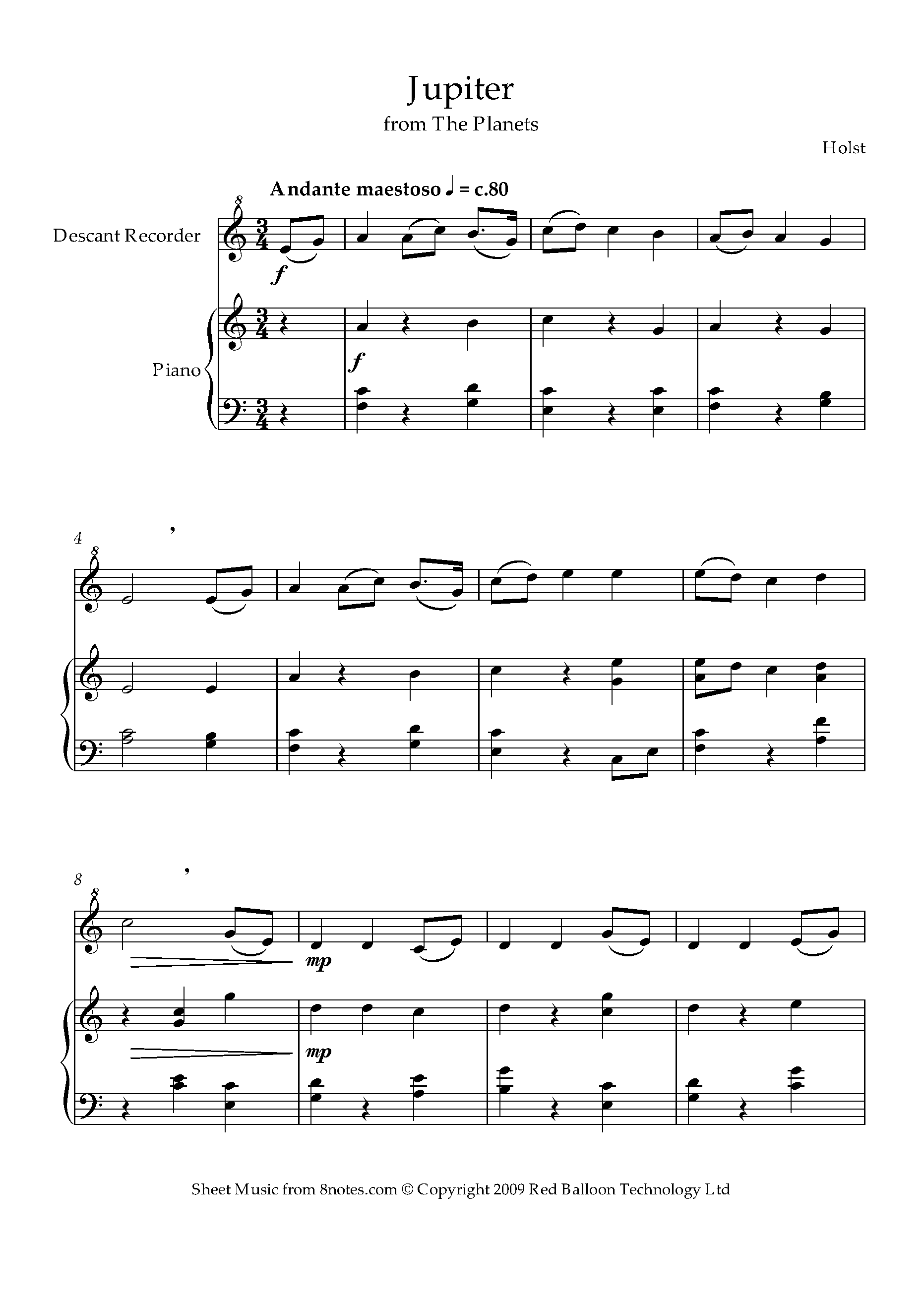 Holst - Jupiter from the Planets (theme) Sheet music for Recorder ...