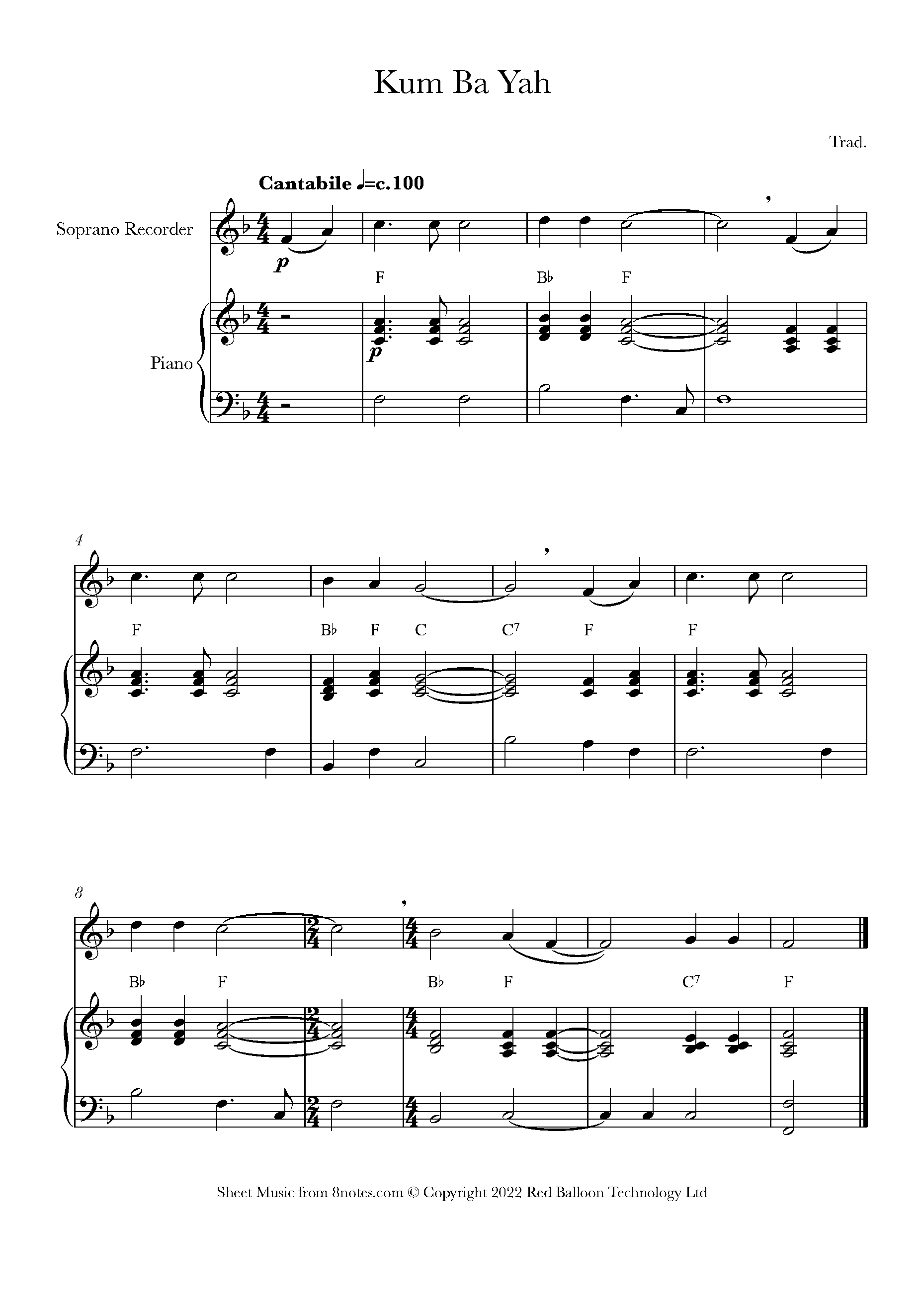 Kum Ba Yah Sheet music for Recorder - 8notes.com