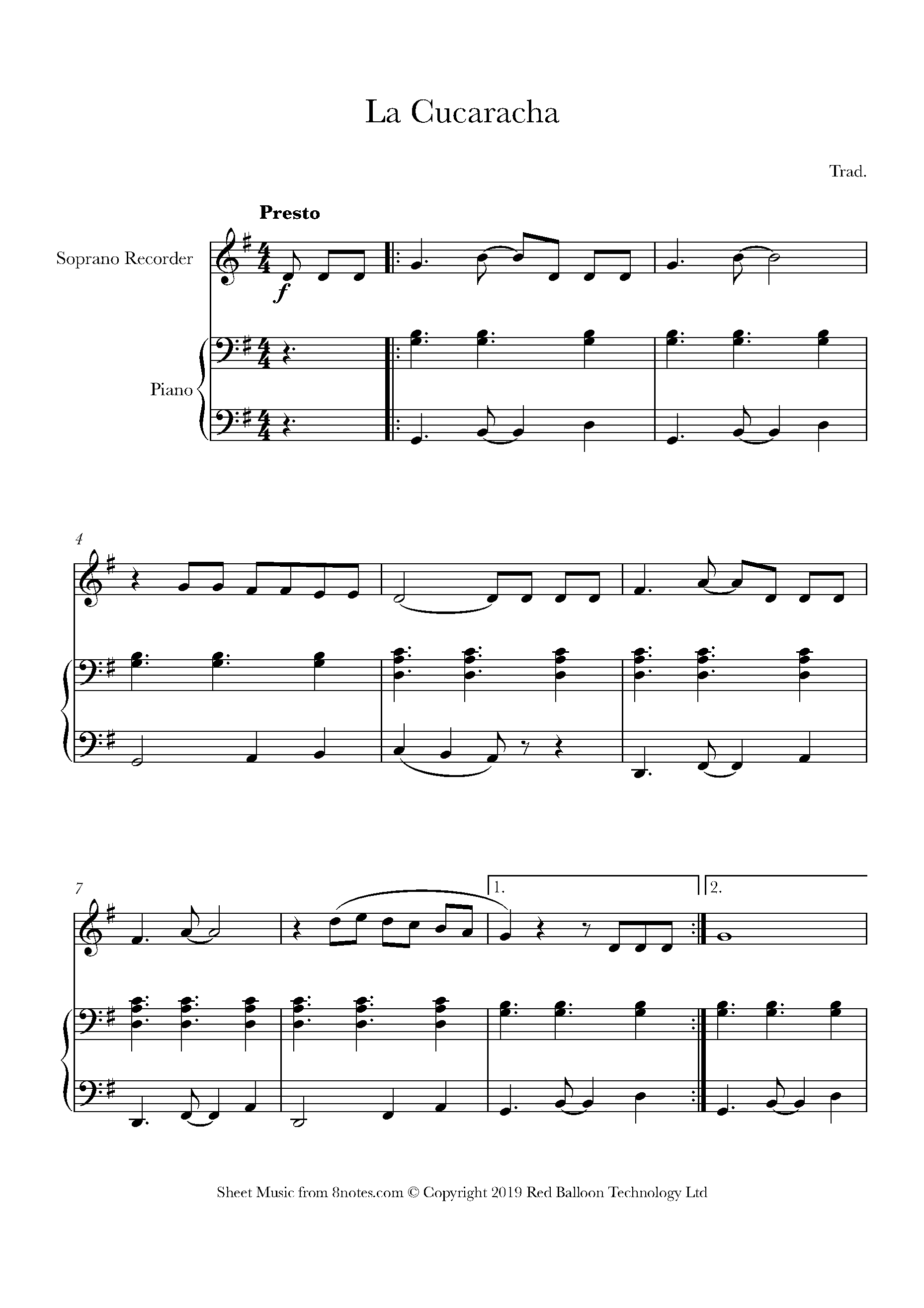 La Cucaracha (Mexico) Sheet music for Recorder - 8notes.com