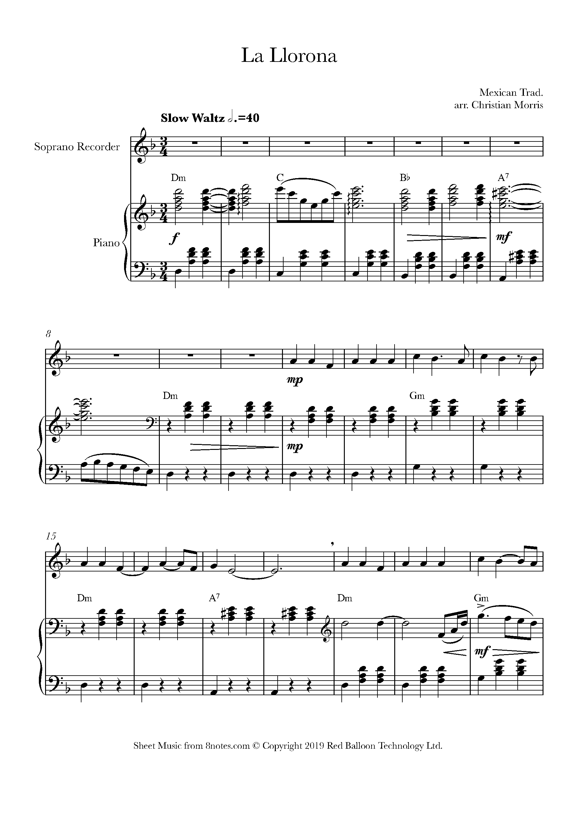 La Llorona (Mexican Traditional Song) Sheet music for Recorder - 8notes.com