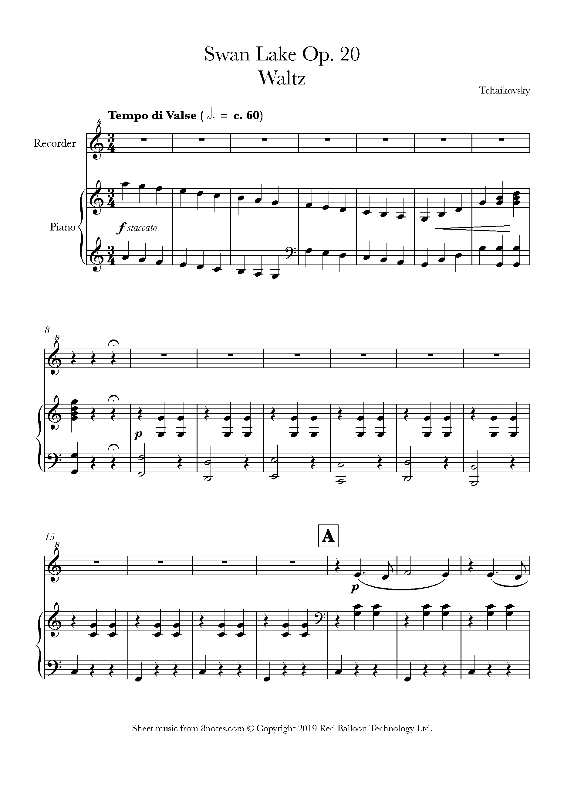 Tchaikovsky - Swan Lake Op. 20 Waltz Sheet music for Recorder - 8notes.com