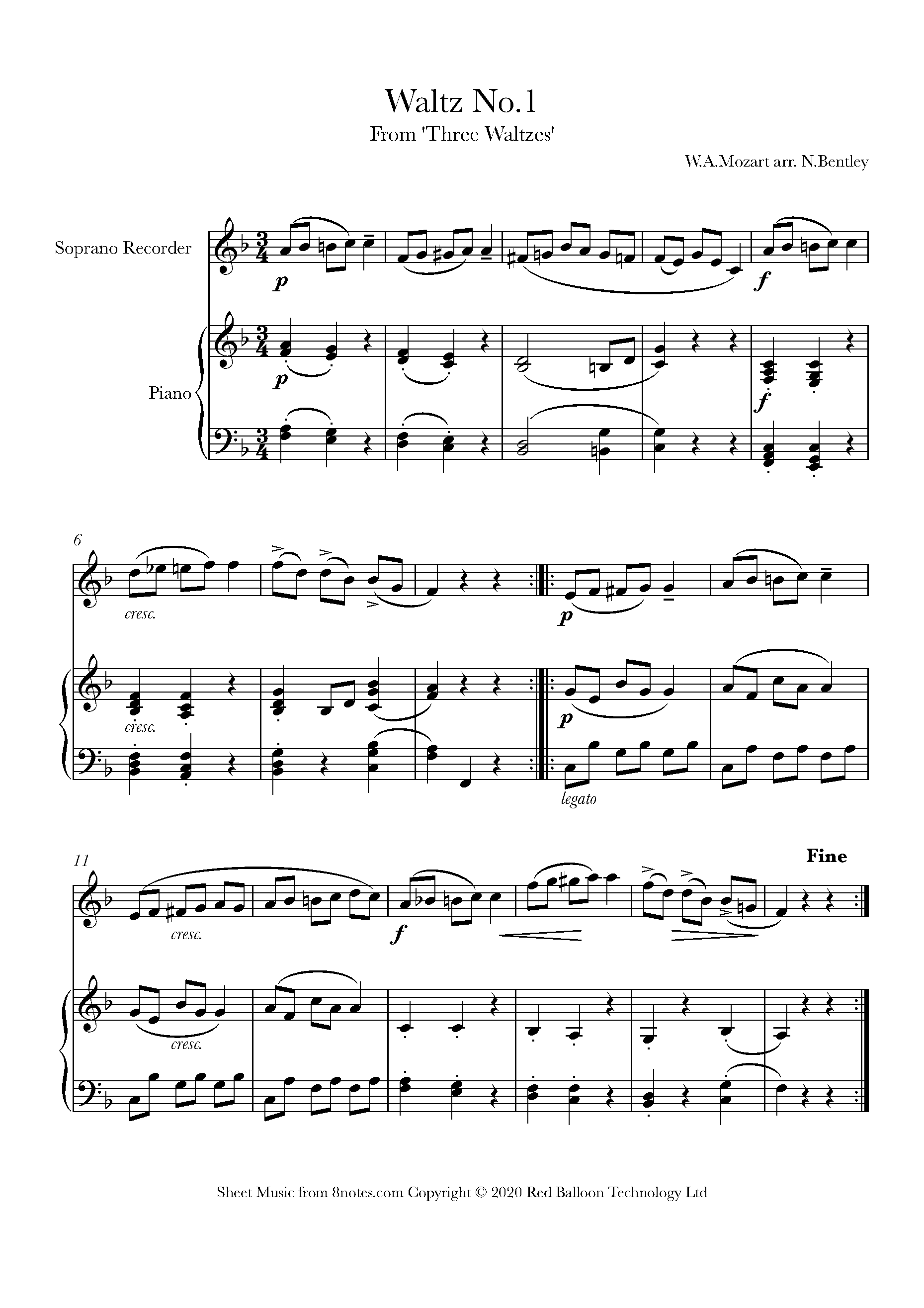 Mozart - Waltz no.1 from Three Waltzes Sheet music for Recorder ...
