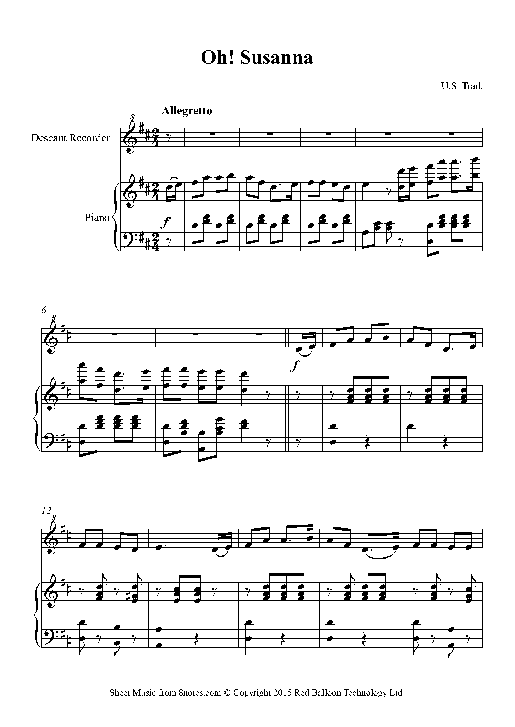 Stephen Foster - Oh Susanna Sheet music for Recorder - 8notes.com