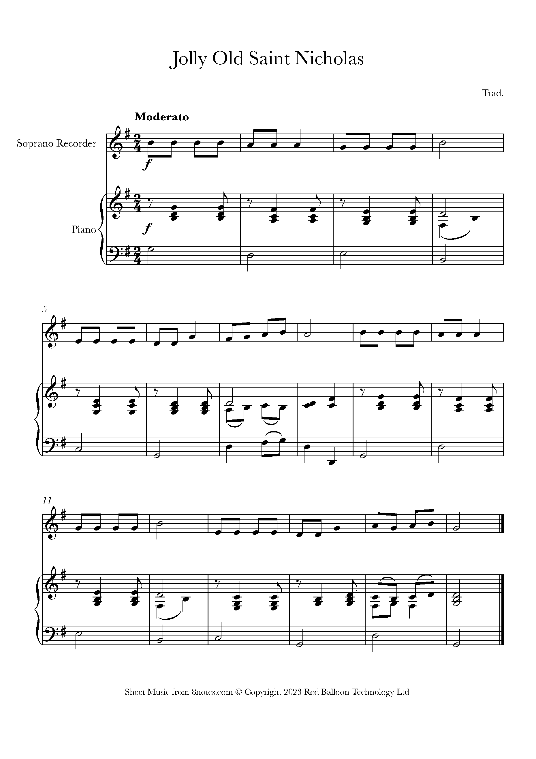 Jolly Old Saint Nicholas Recorder Notes 6 Note Santa