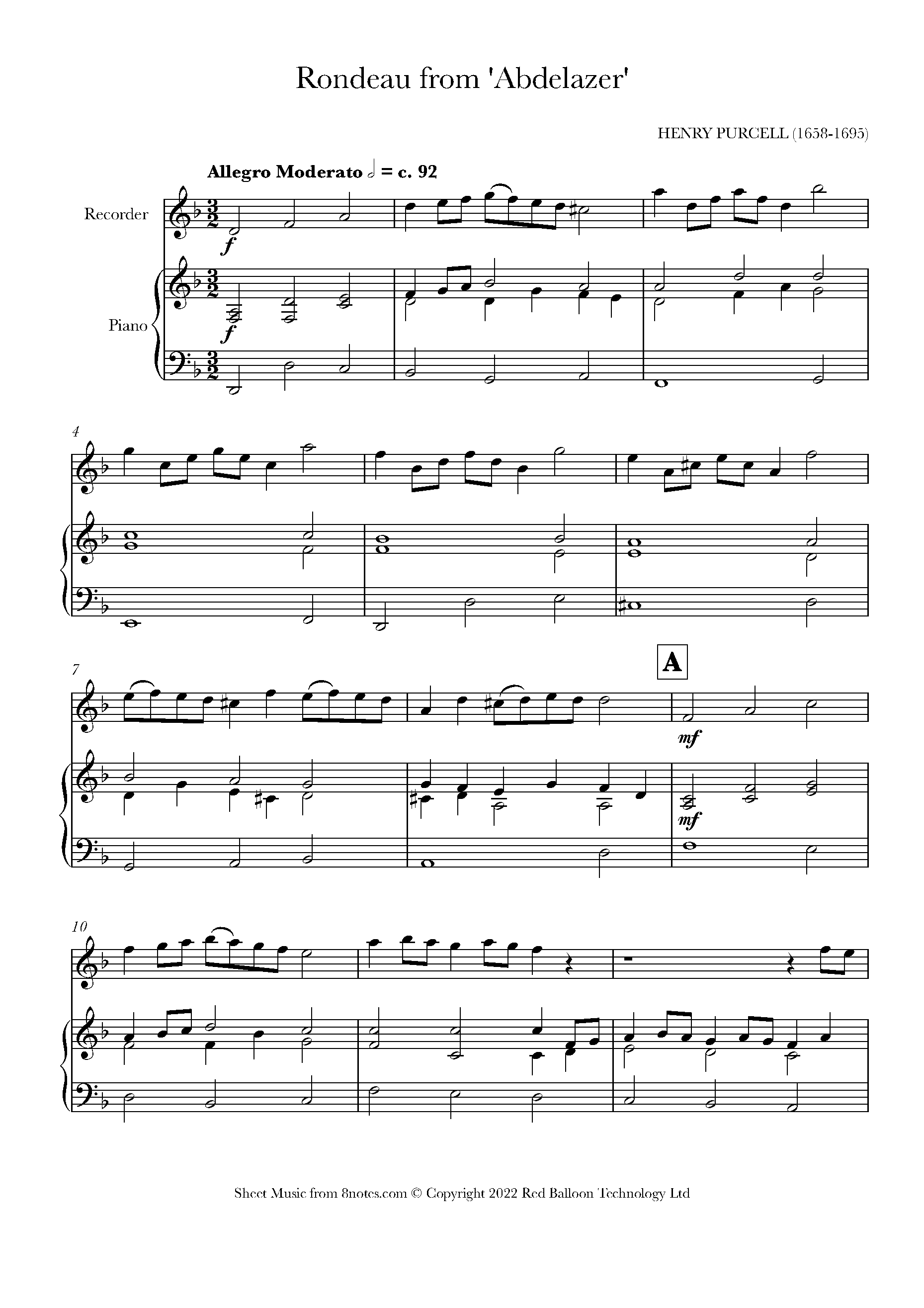 Purcell - Rondeau from Abdelazer Sheet music for Recorder - 8notes.com