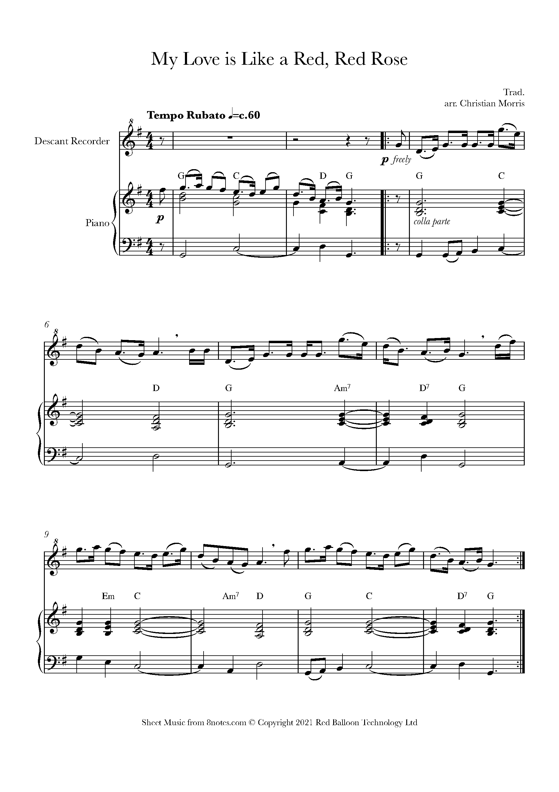 My Love is Like a Red Red Rose Sheet music for Recorder - 8notes.com