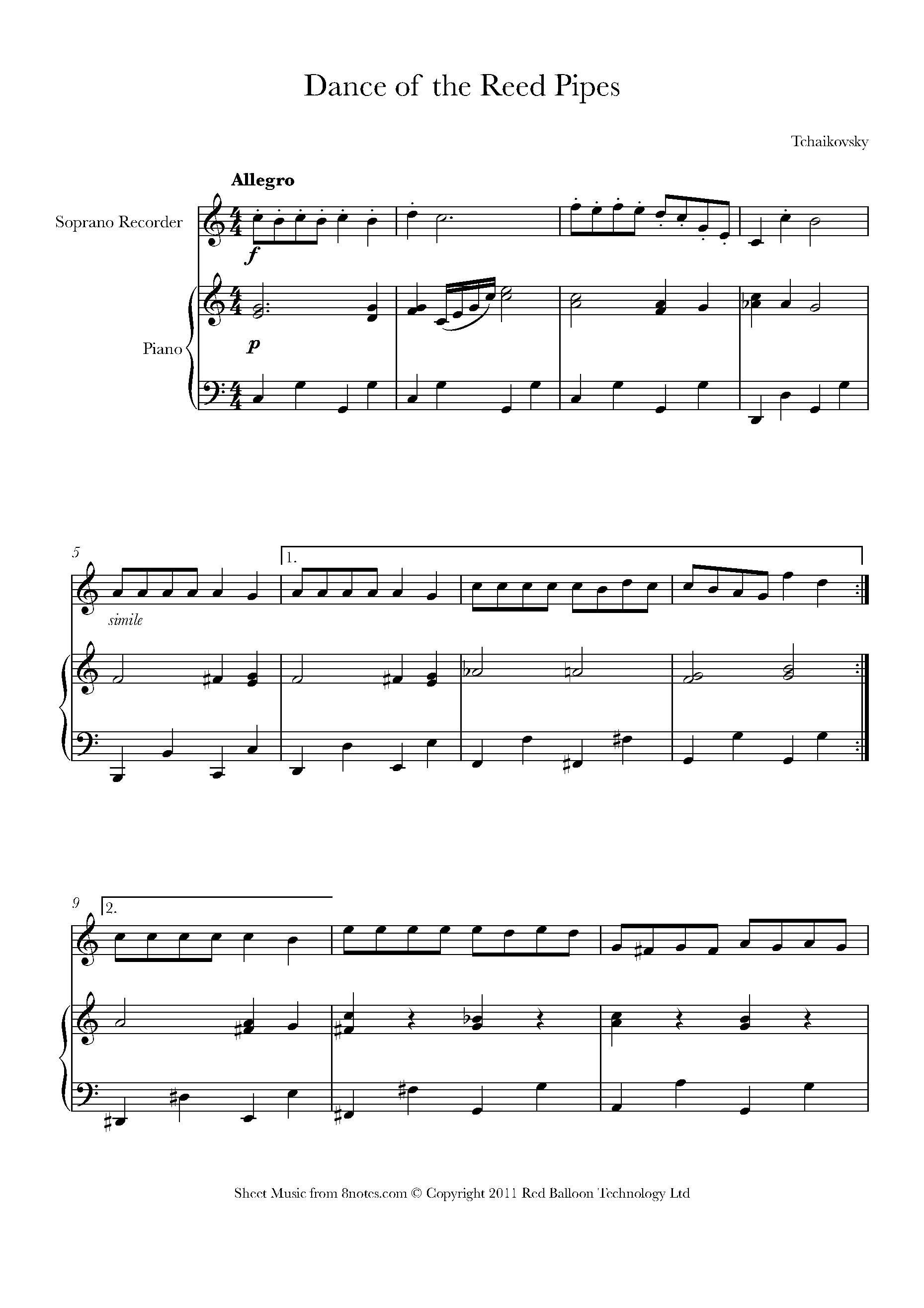 Tchaikovsky - Dance of the reed pipes from the Nutcracker Sheet music ...