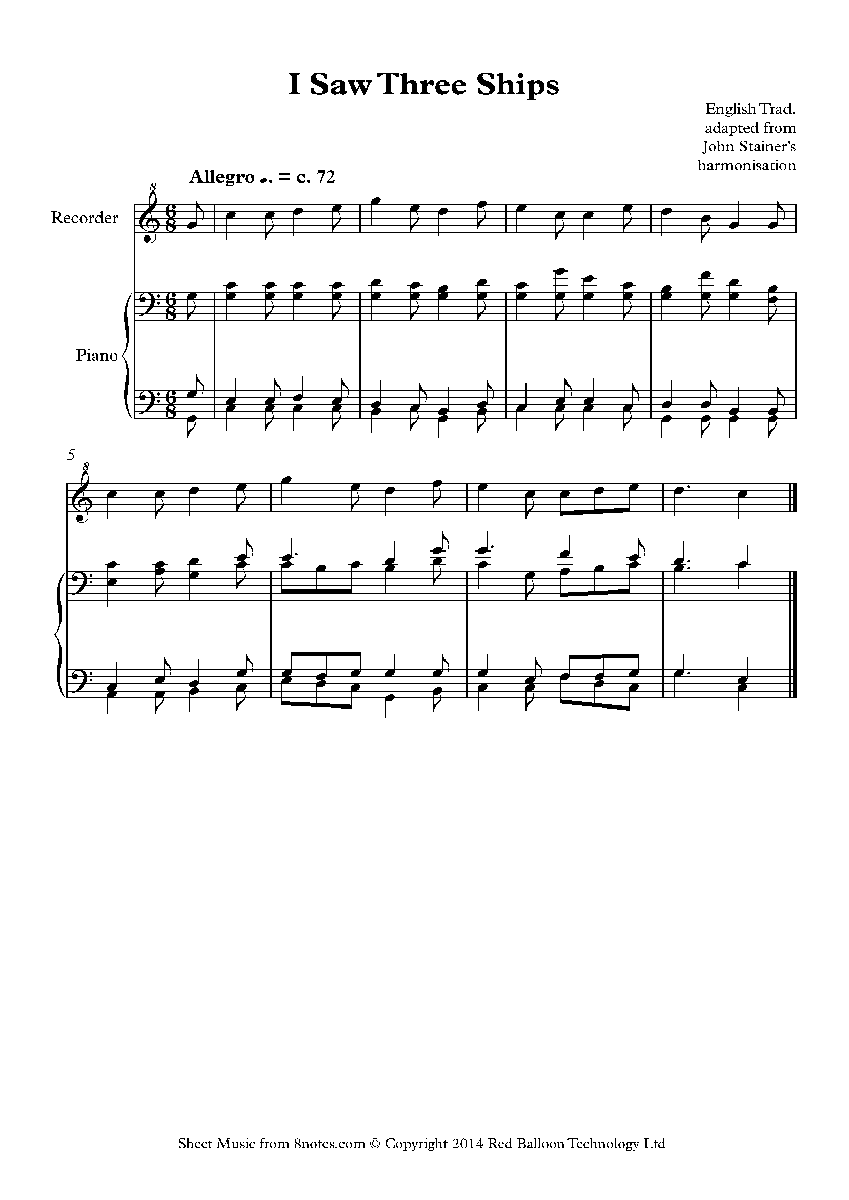 I Saw Three Ships Sheet music for Recorder - 8notes.com