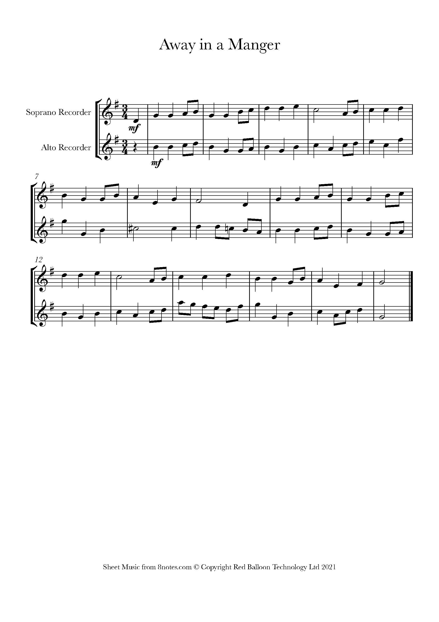 Away in a Manger Sheet music for Recorder Duet - 8notes.com