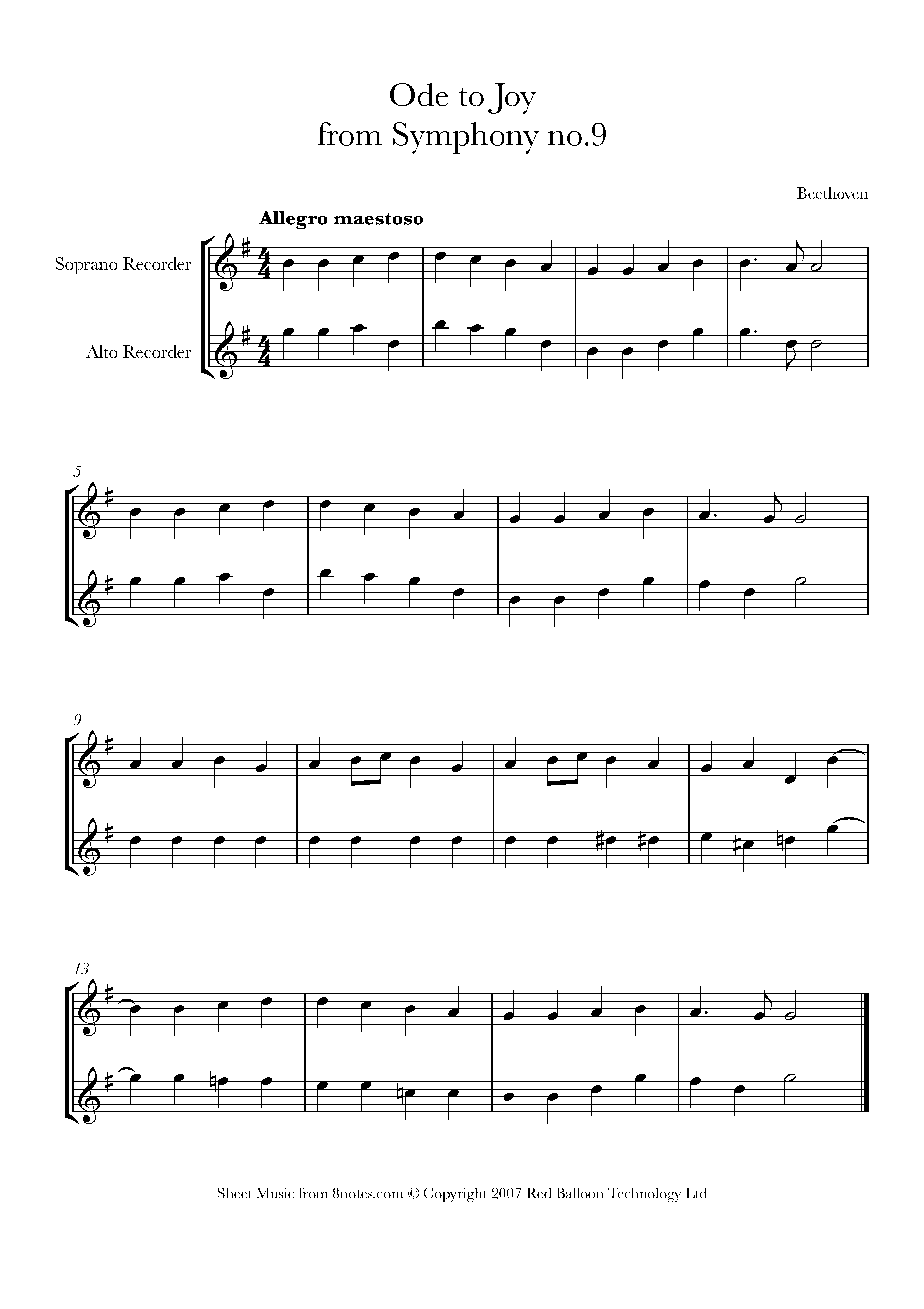 Beethoven - Ode to Joy Sheet music for Recorder Duet - 8notes.com