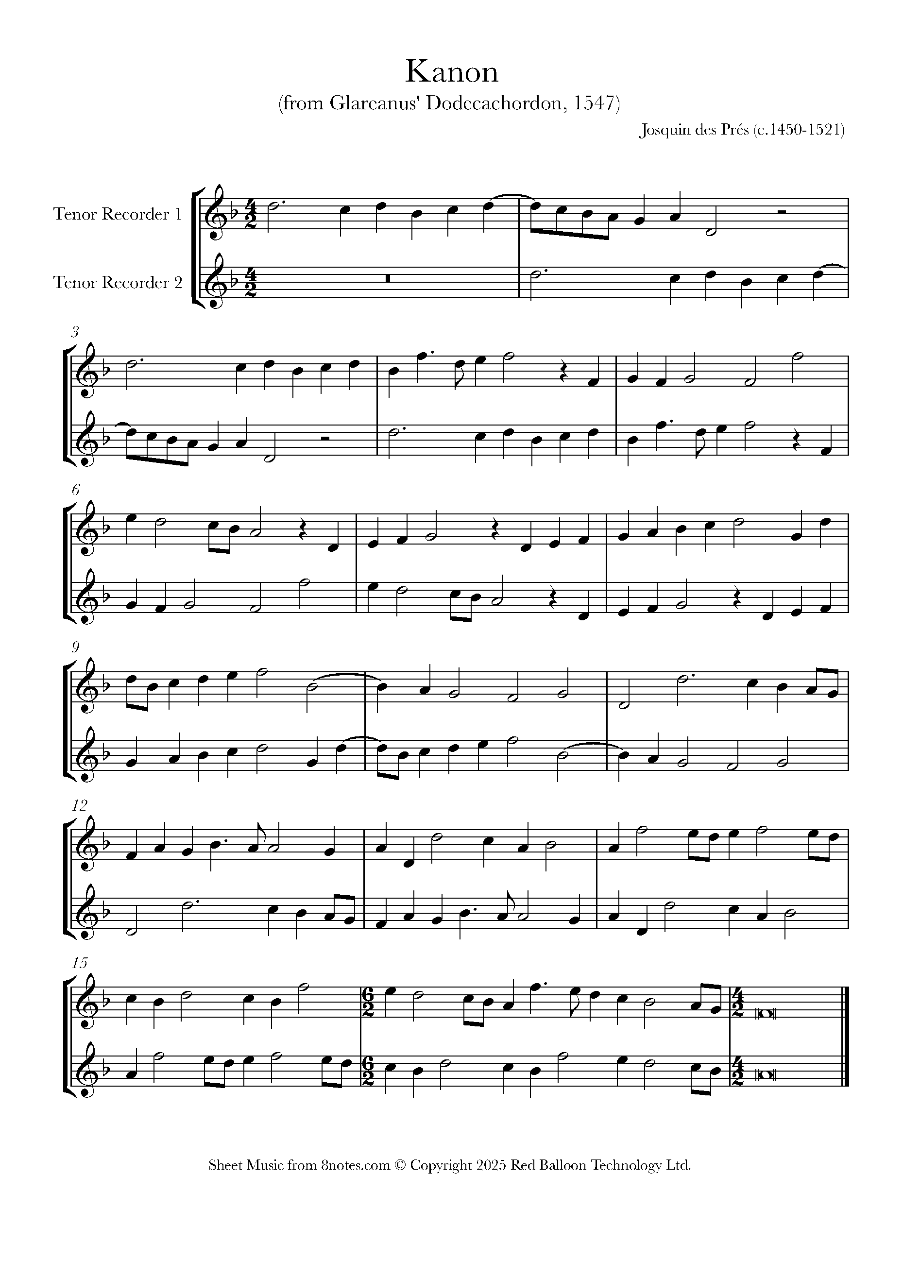 Desprez, Josquin - Canon in F major for Recorder Duet - Free Sheet ...