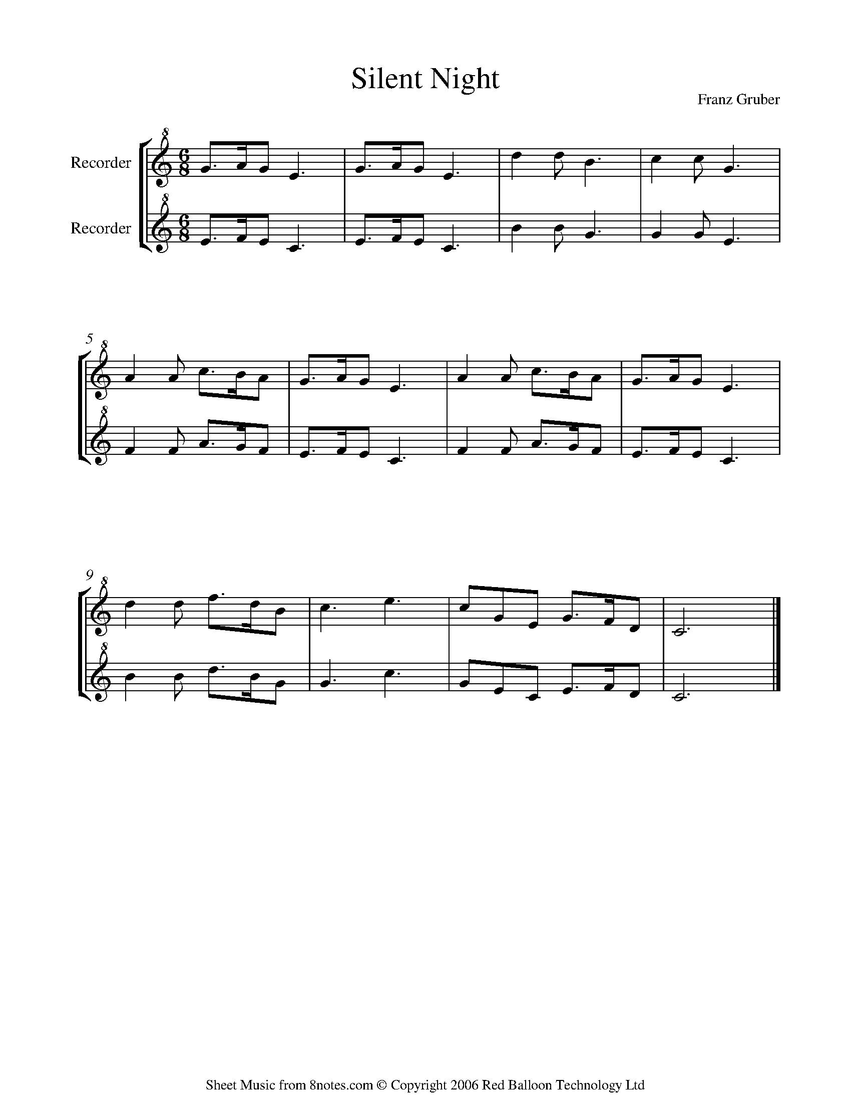 Silent Night Sheet music for Recorder Duet - 8notes.com