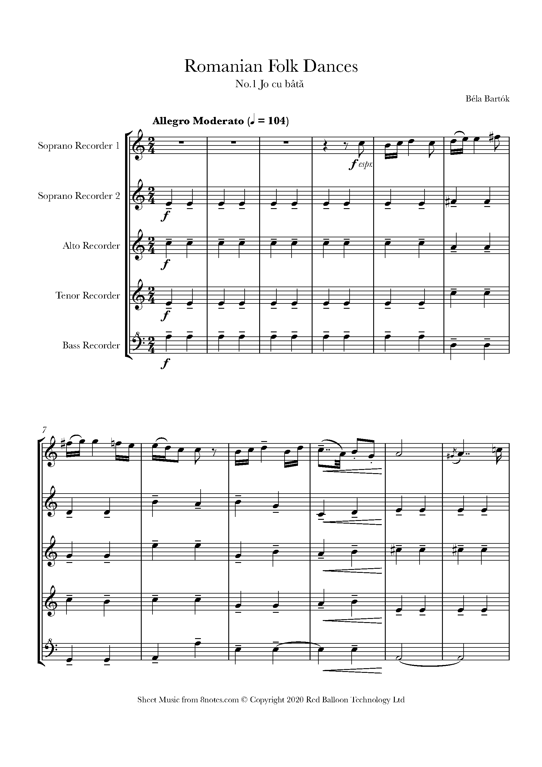 ﻿Bartók - Romanian Folk Dance No.1 Sheet music for Recorder Ensemble ...