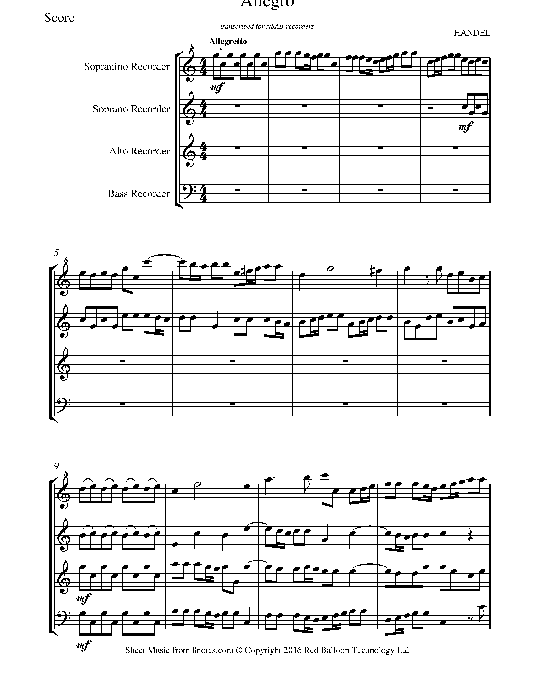 Handel - Allegro Sheet music for Recorder Quartet - 8notes.com