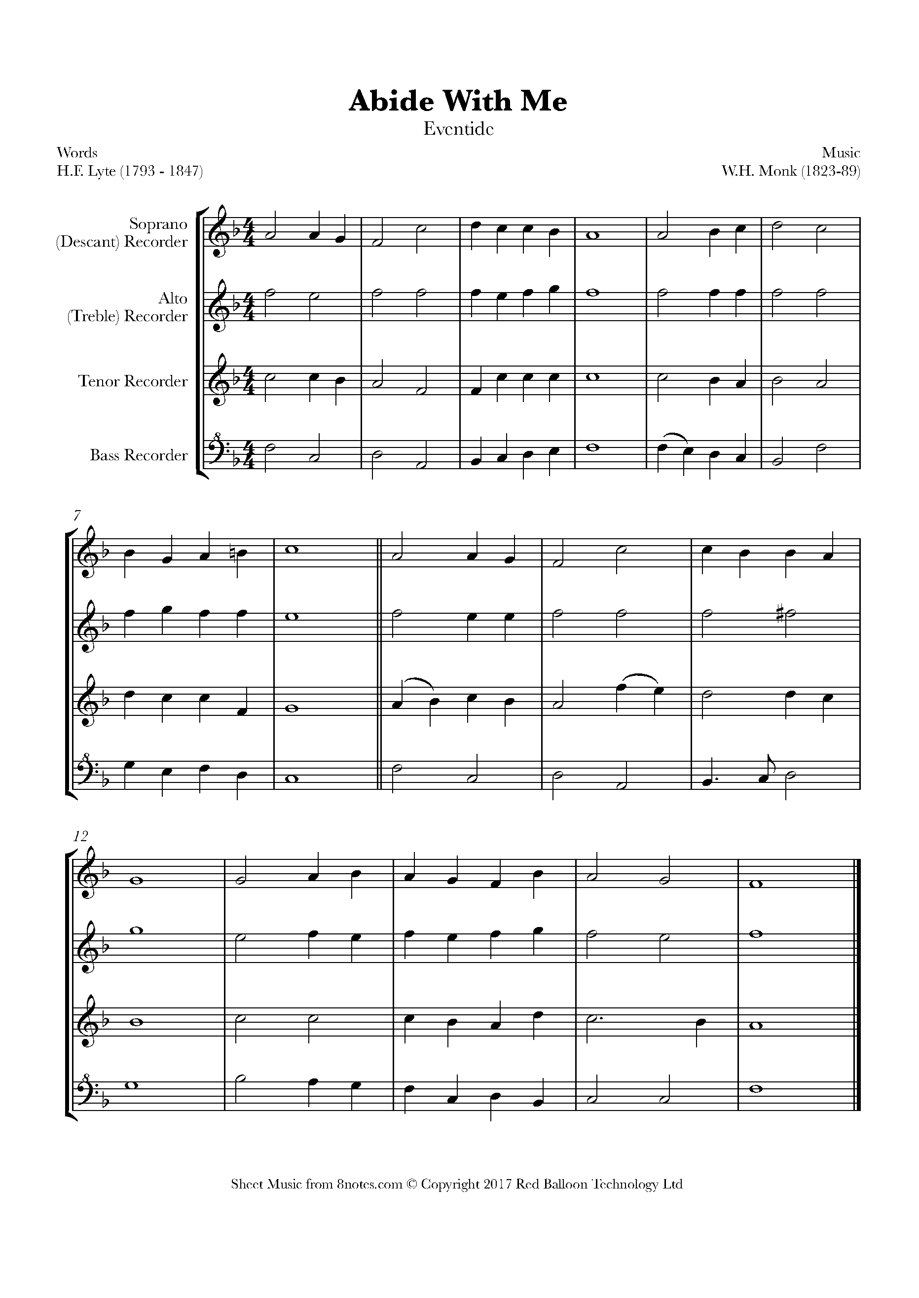Monk - Abide With Me (Eventide) Sheet music for Recorder Quartet ...