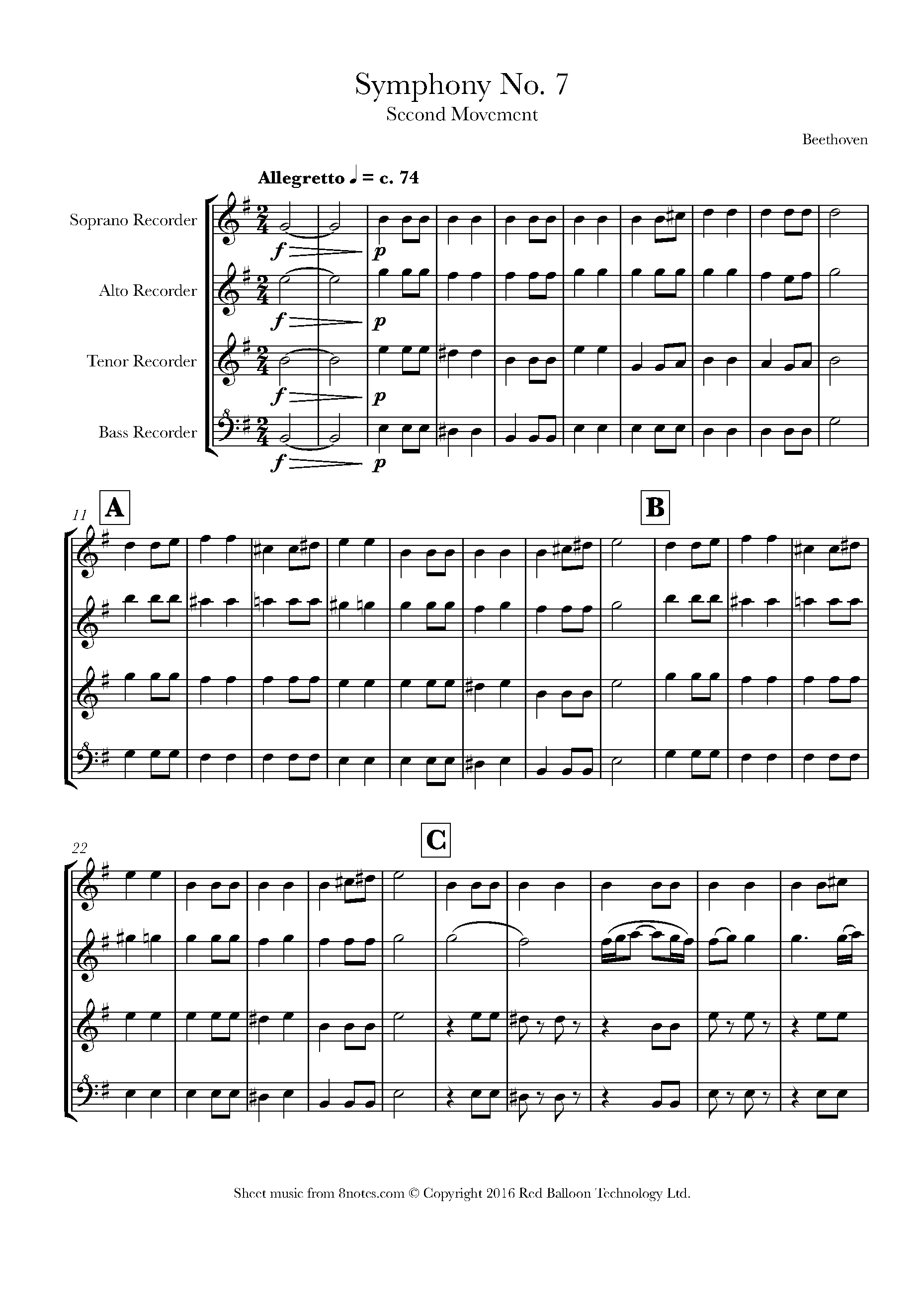 Beethoven - 7th Symphony 2nd mvt theme Sheet music for Recorder Quartet ...