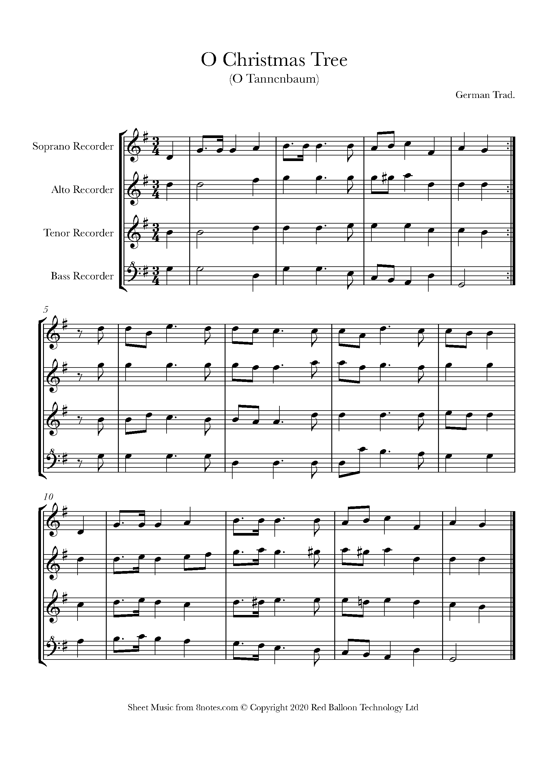 O Christmas Tree (O Tannenbaum) Sheet music for Recorder Quartet ...