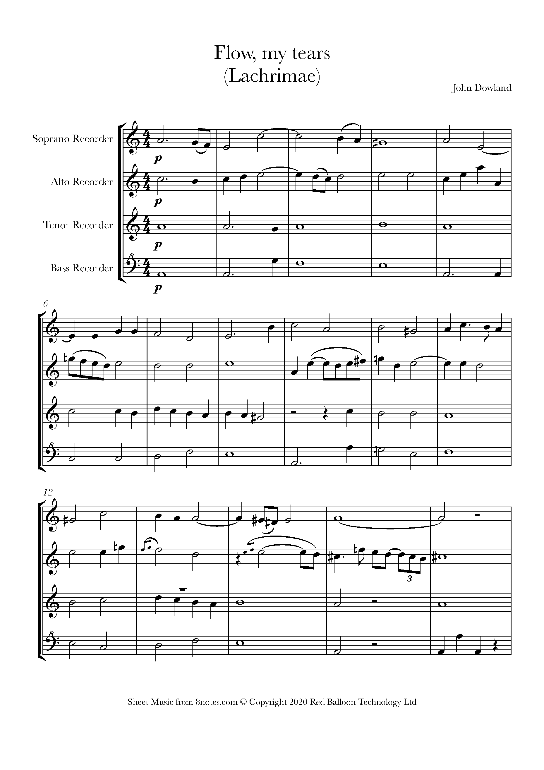 Dowland - Flow, my tears (Lachrimae) Sheet music for Recorder Quartet ...