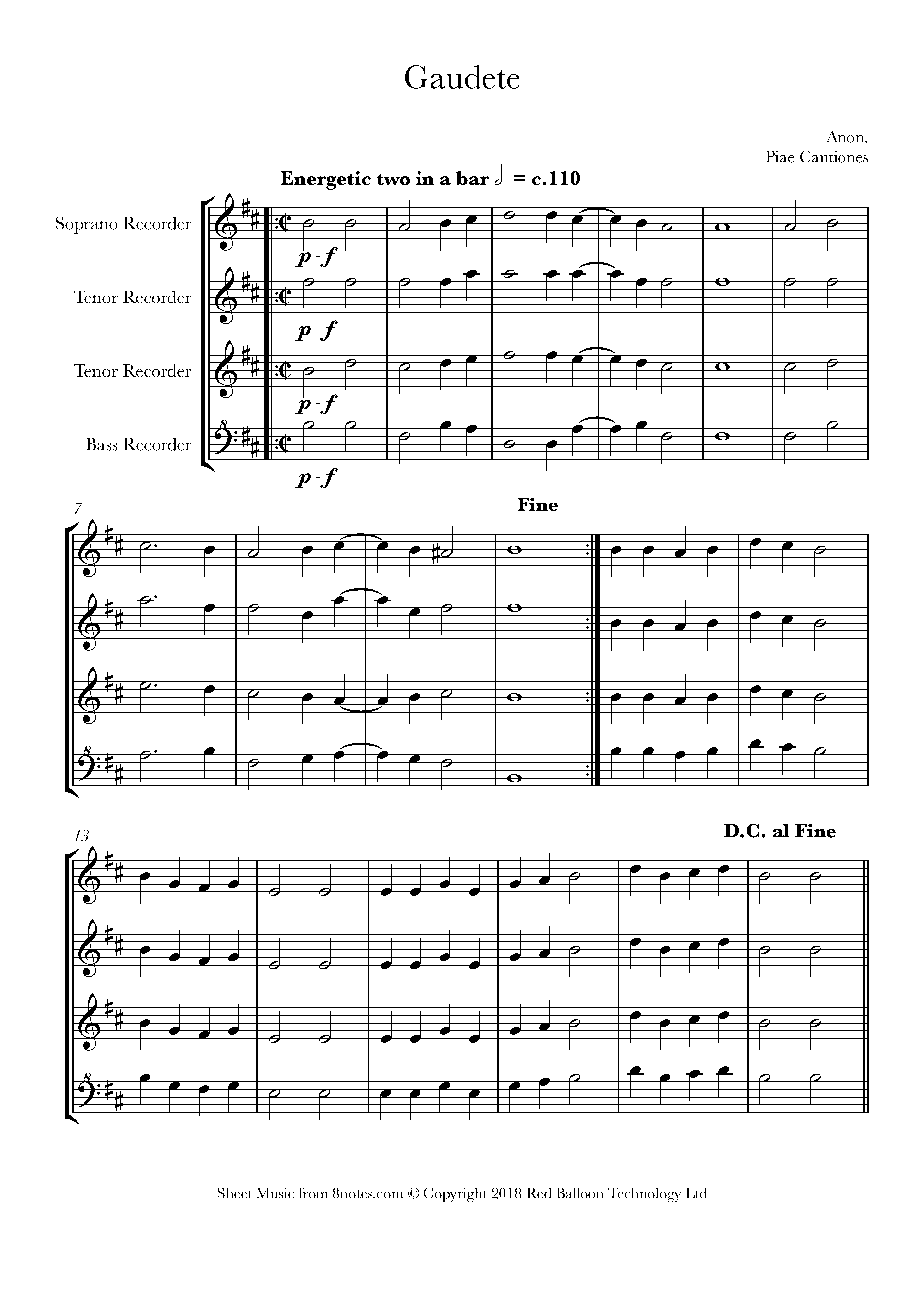 anon - Gaudete (from Piae Cantiones) Sheet music for Recorder Quartet ...