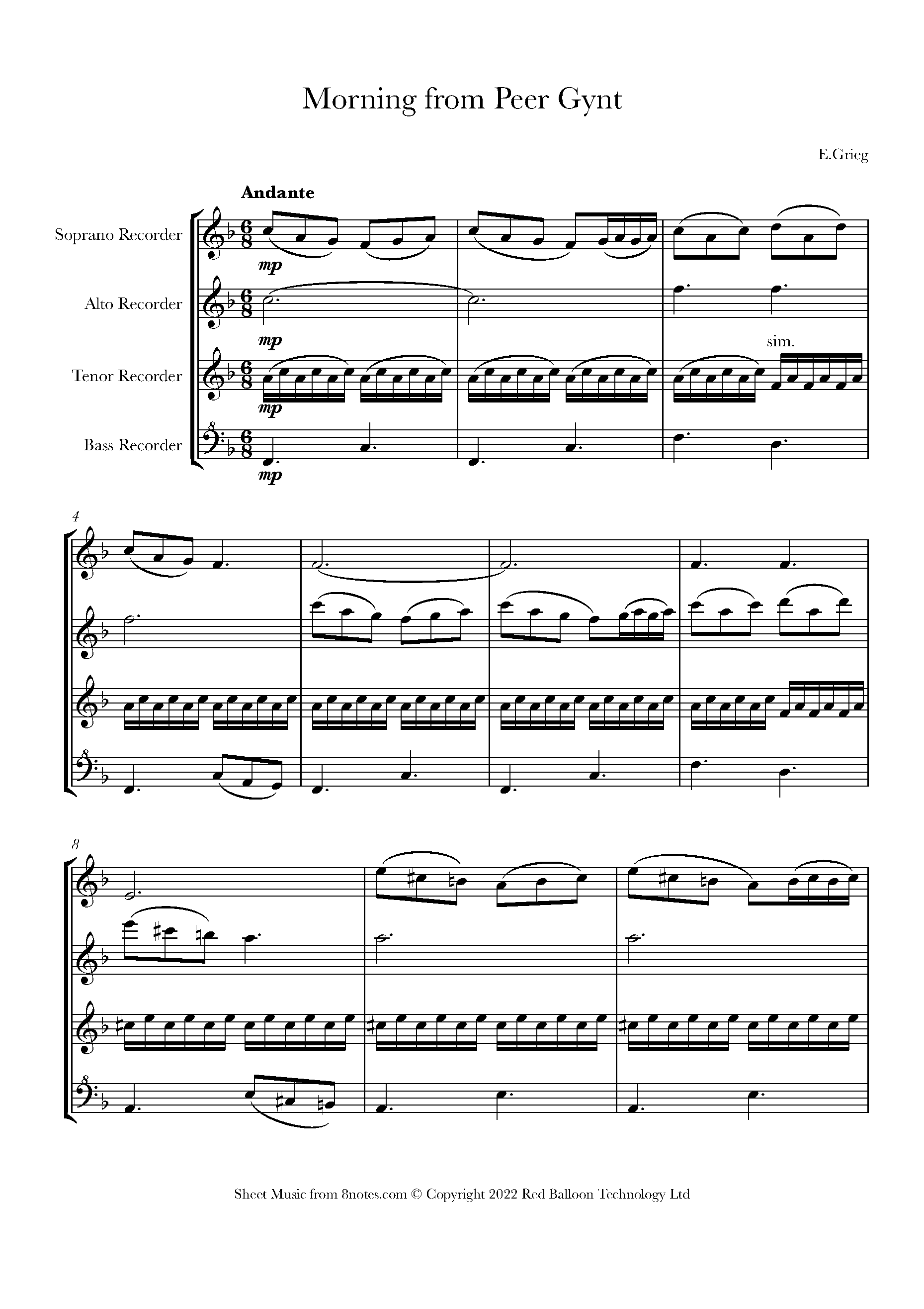 Grieg - Morning from Peer Gynt (Morning Mood) Sheet music for Recorder ...