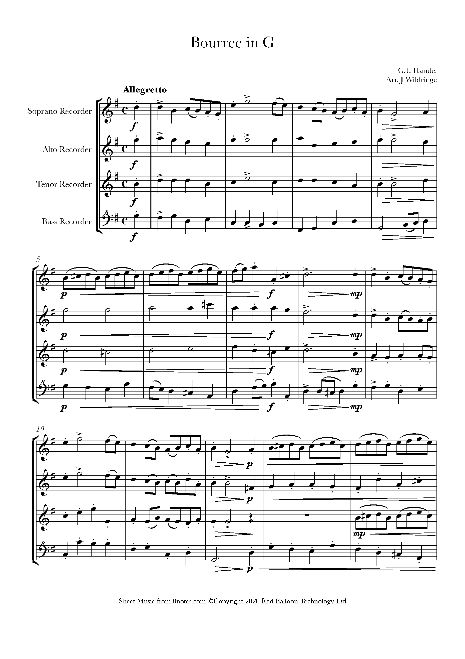 Handel - Bourree in G Sheet music for Recorder Quartet - 8notes.com