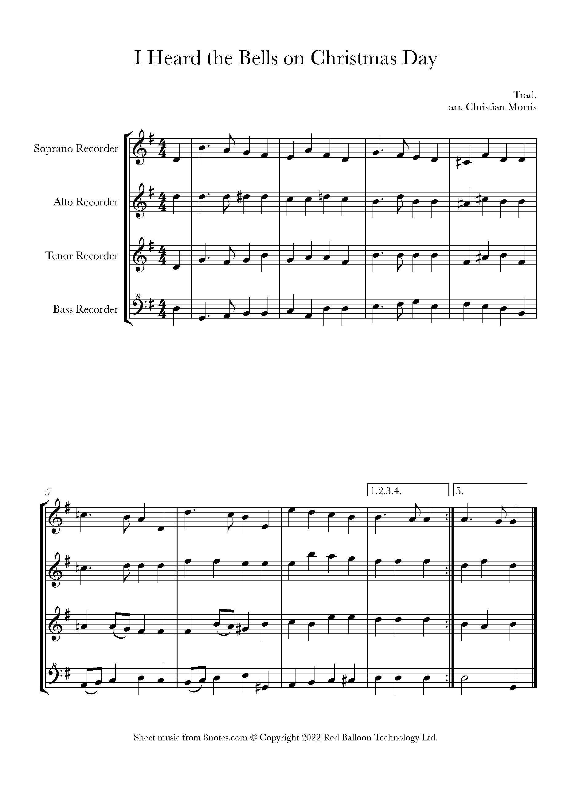 I Heard the Bells on Christmas Day Sheet music for Recorder Quartet ...