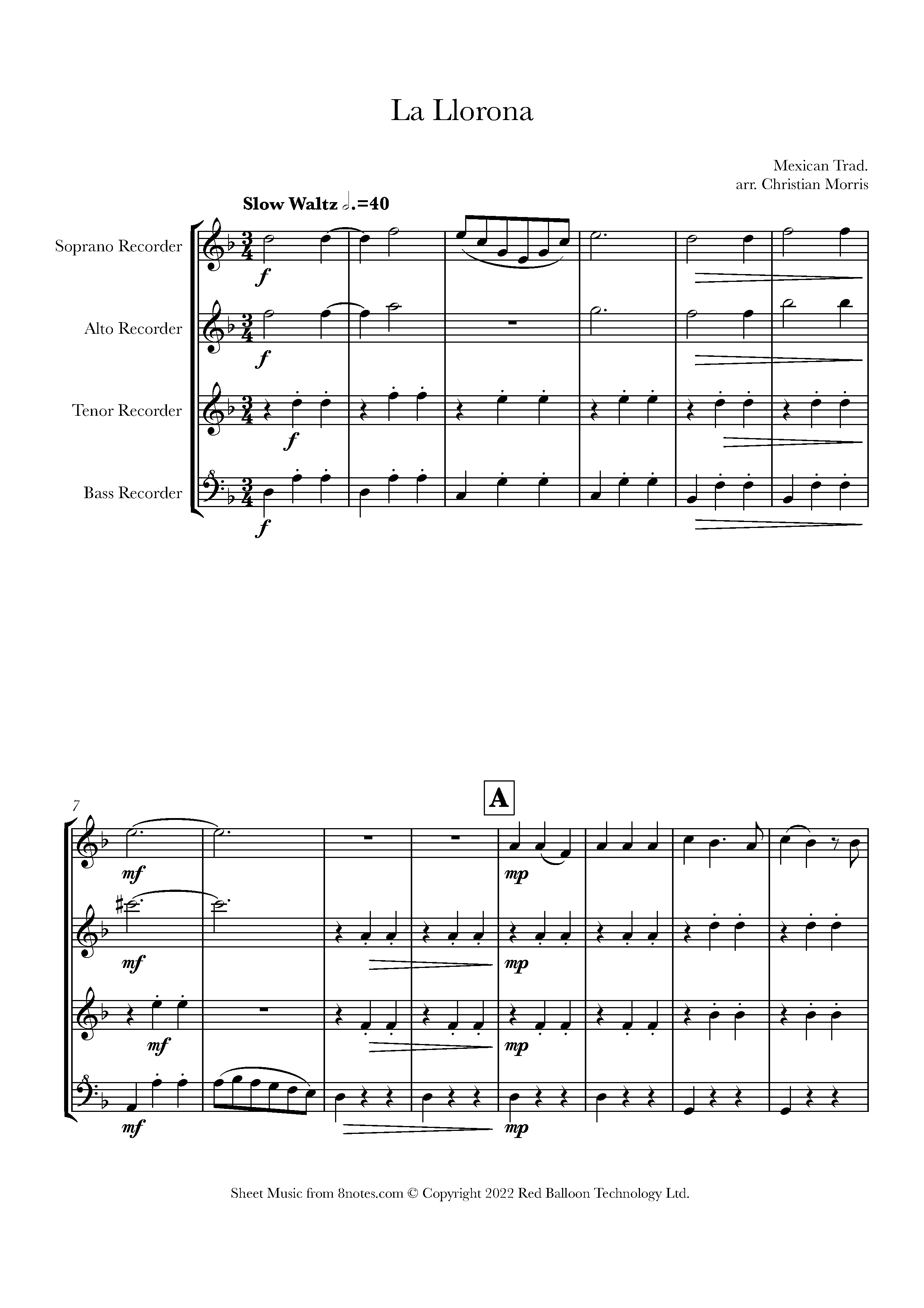 La Llorona (Mexican Traditional Song) Sheet music for Recorder Quartet ...
