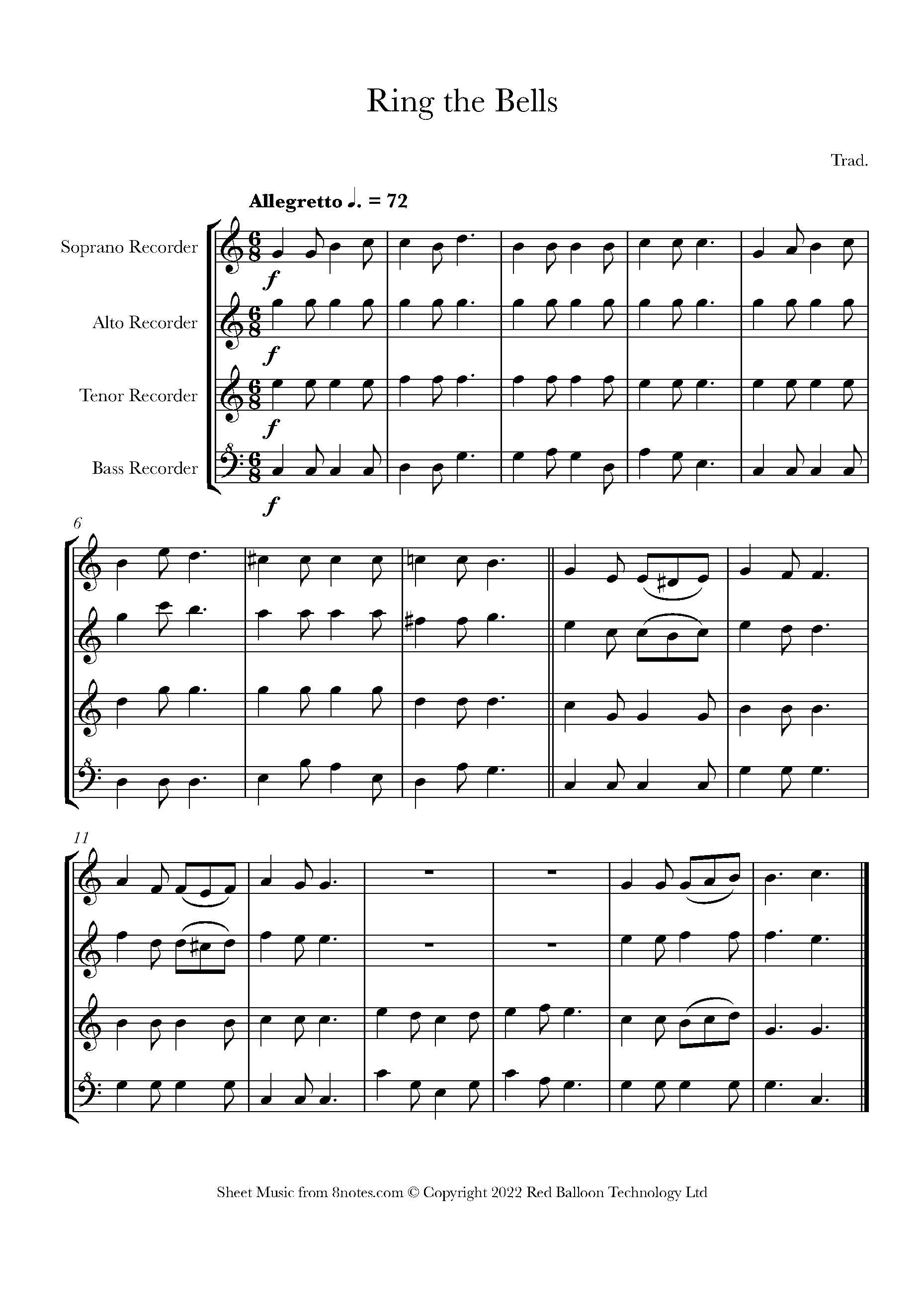 Ring the Bells Sheet music for Recorder Quartet - 8notes.com