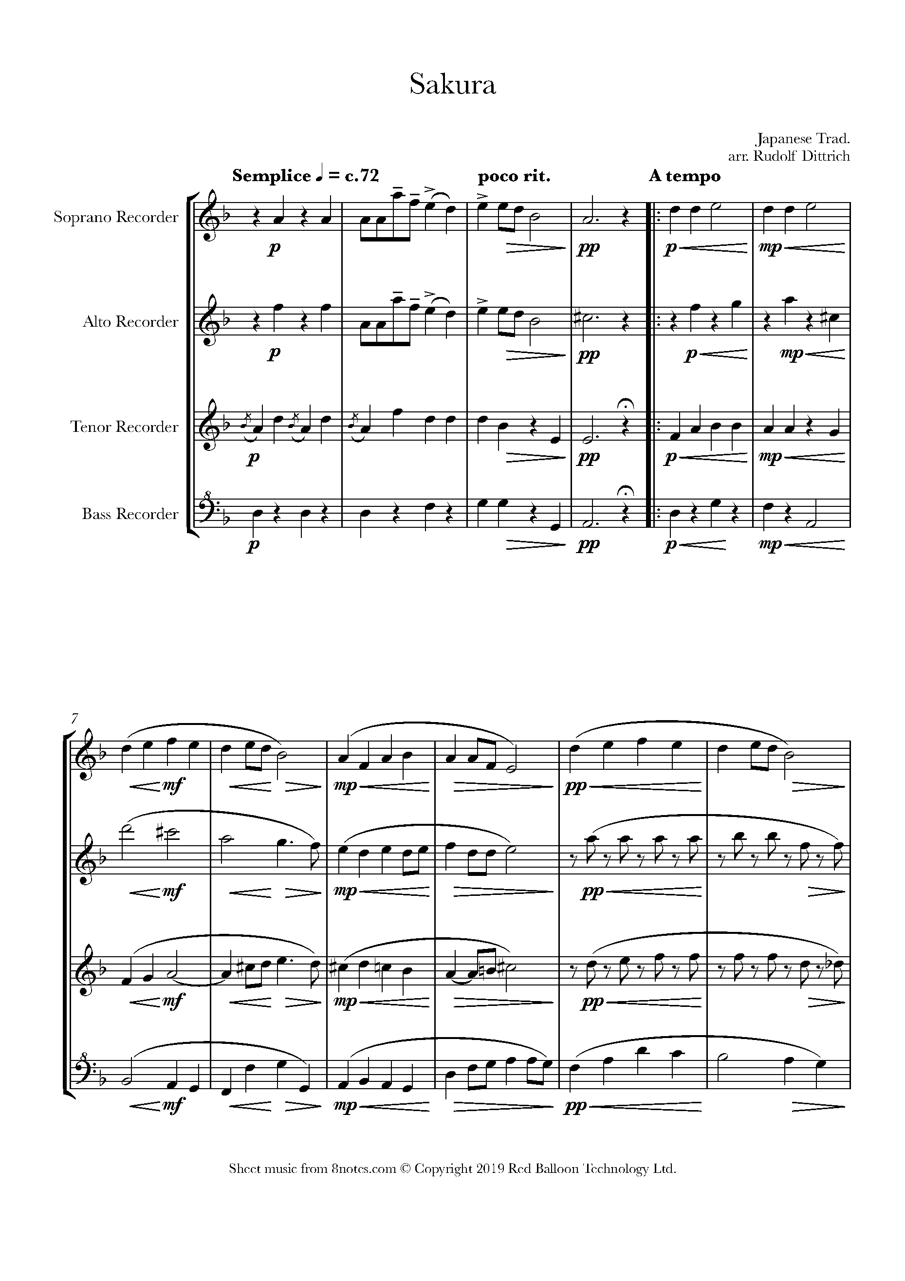 Sakura (Japanese Trad. arr. Rudolf Dittrich) Sheet music for Recorder ...