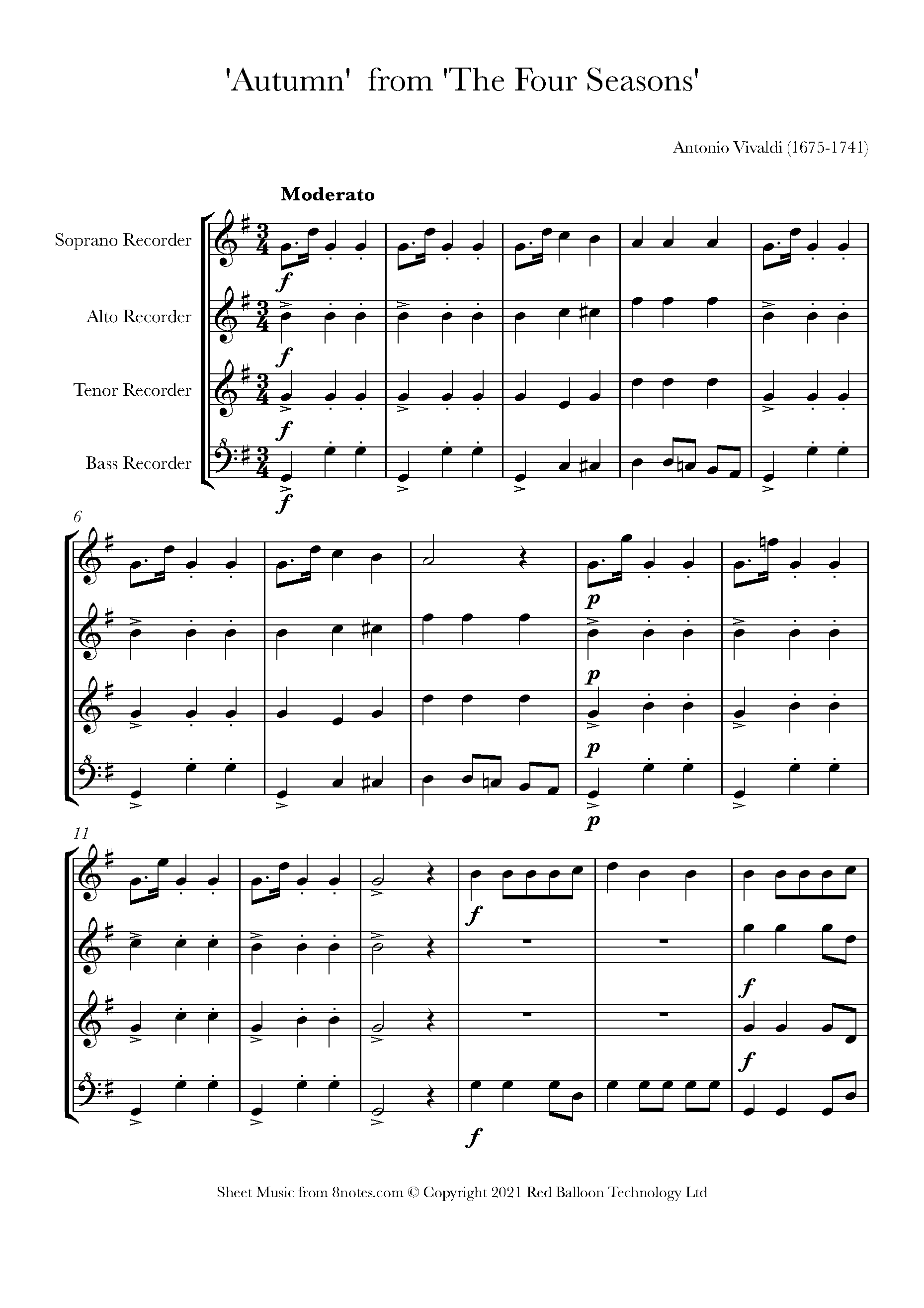 Vivaldi - Autumn from The Four Seasons Sheet music for Recorder Quartet ...