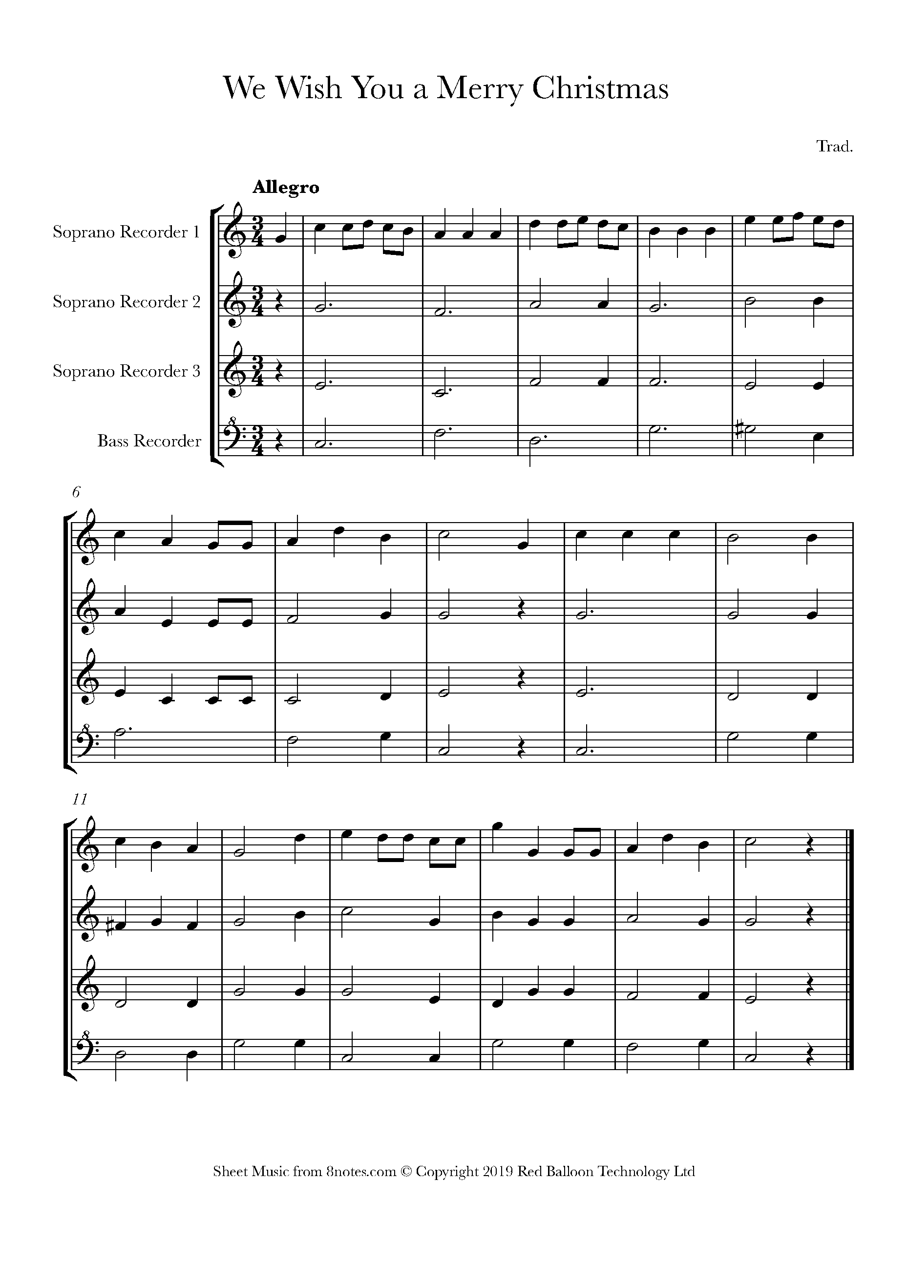 We wish you a merry christmas Sheet music for Recorder Quartet - 8notes.com