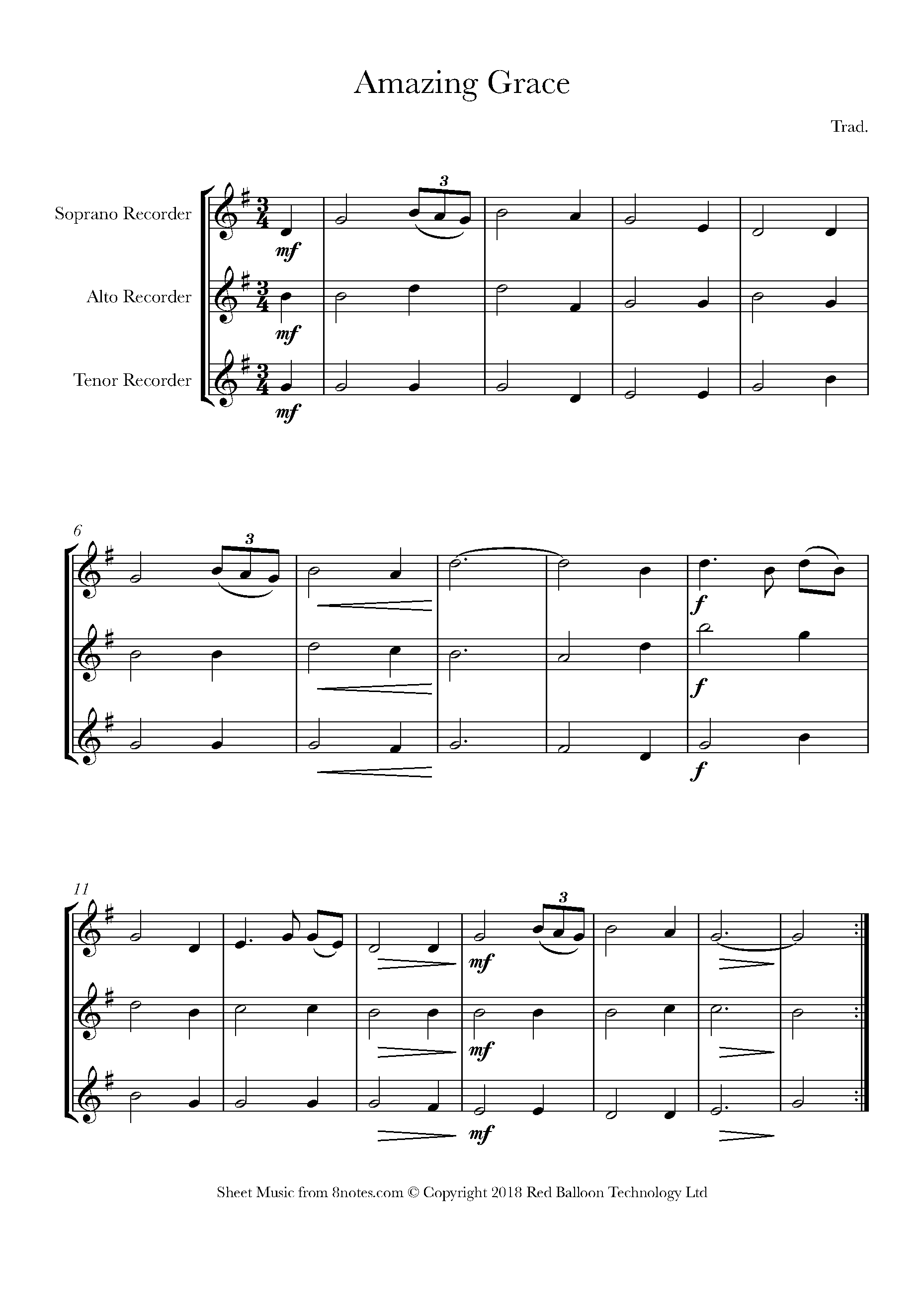 Amazing Grace Sheet music for Recorder Trio - 8notes.com