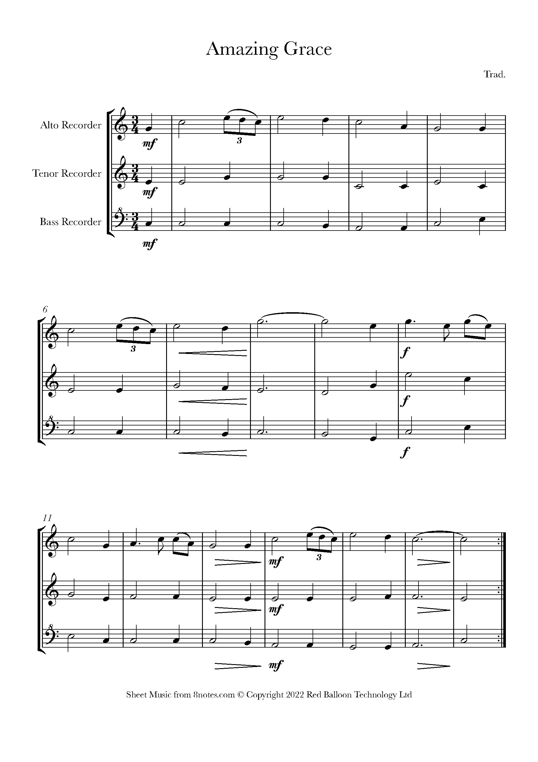 Amazing Grace (ATB) Sheet music for Recorder Trio - 8notes.com