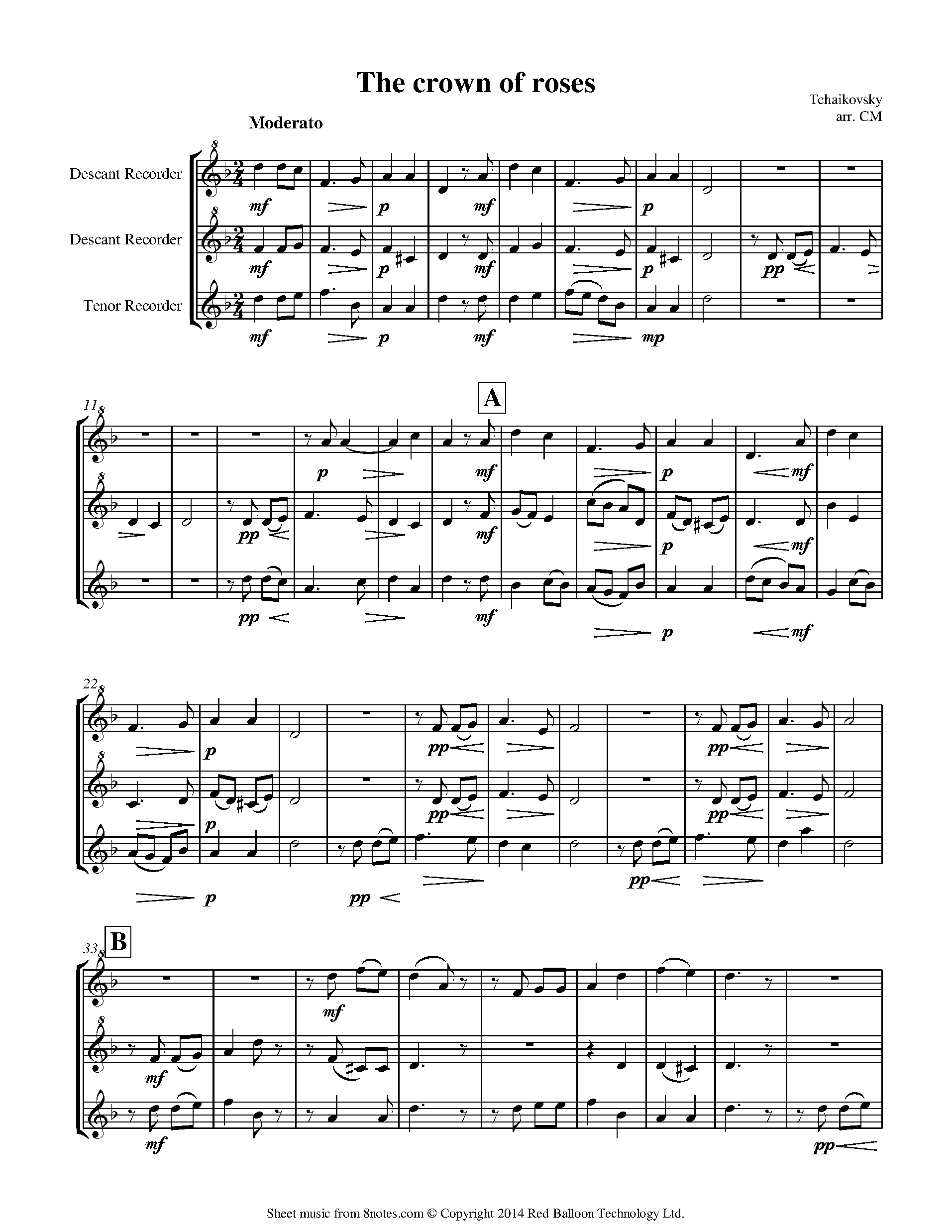 Tchaikovsky - The Crown of Roses (2 descants, 1 tenor recorder) Sheet ...